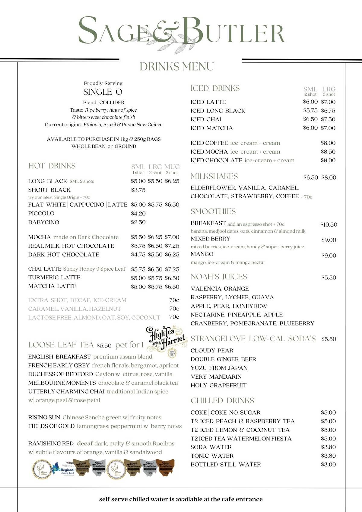 Menu at Sage & Butler cafe, East Toowoomba