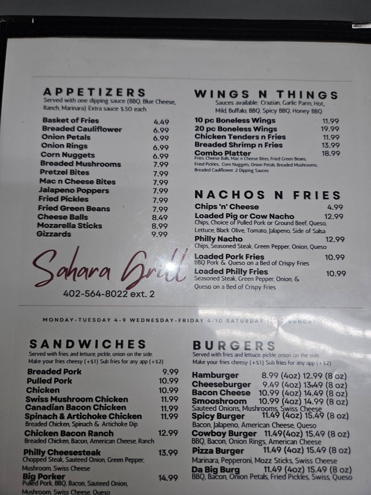 Menu at Sahara ZZA & GRILL restaurant, Columbus