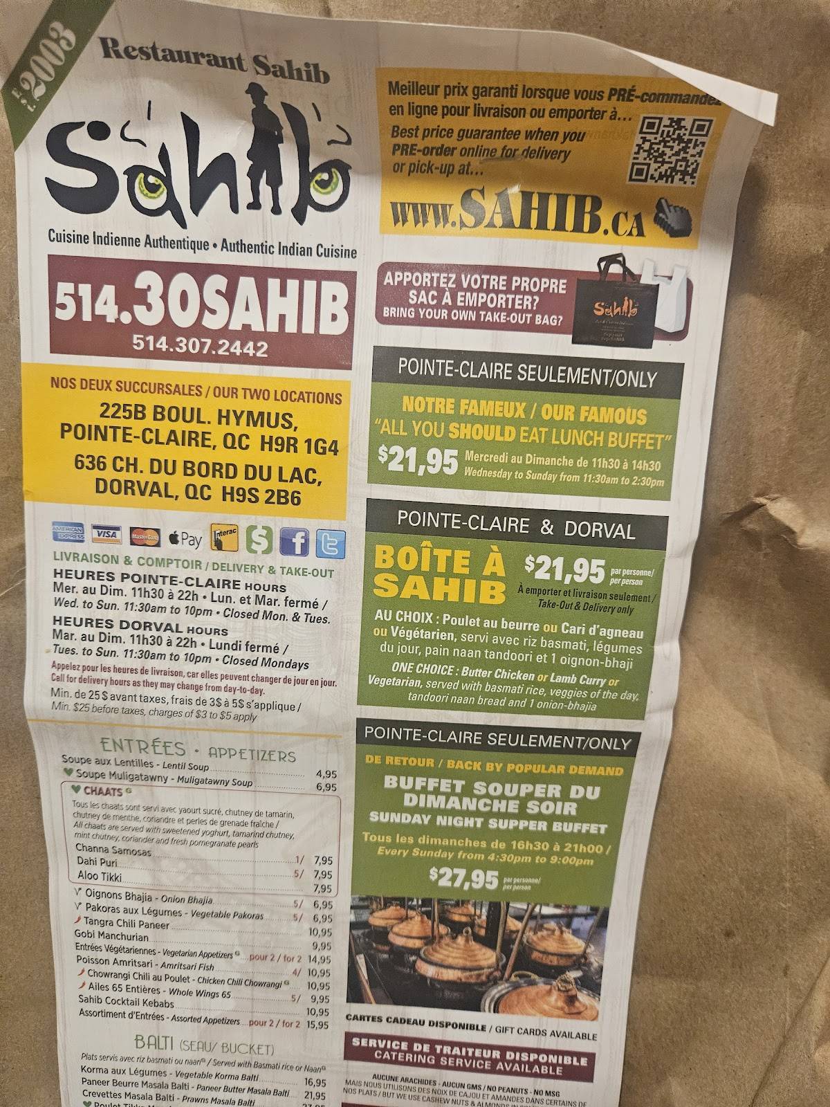 Menu at Sahib Indian Restaurant - DORVAL: Dine-In & Take-Out, Dorval