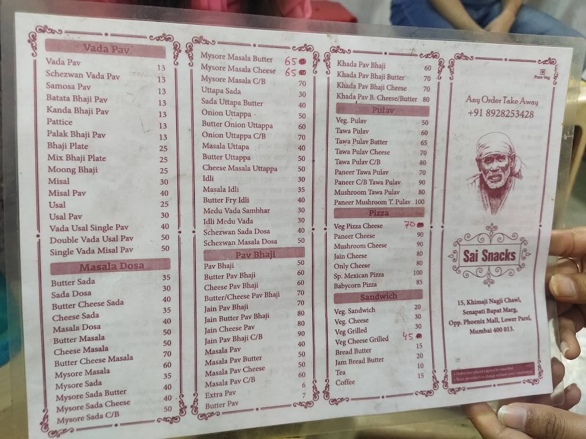 Menu at Sai snacks, Mumbai, Khimji Nagji Building