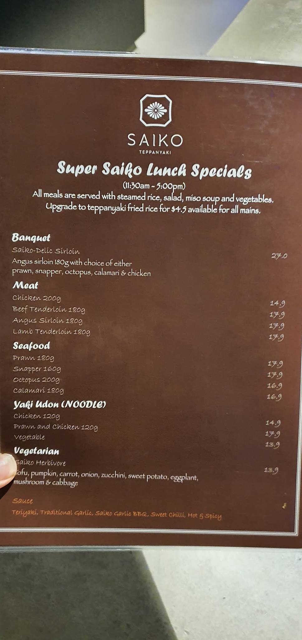 Menu at Saiko Teppanyaki restaurant, Robina