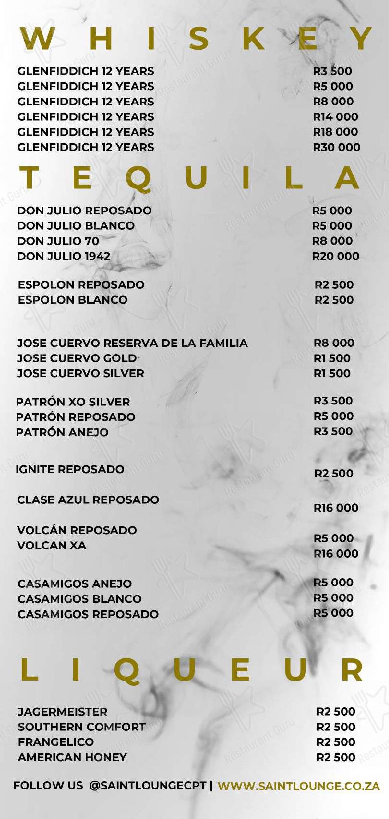 Menu at Saint Champagne Bar & Lounge - Nightclub, Cape Town