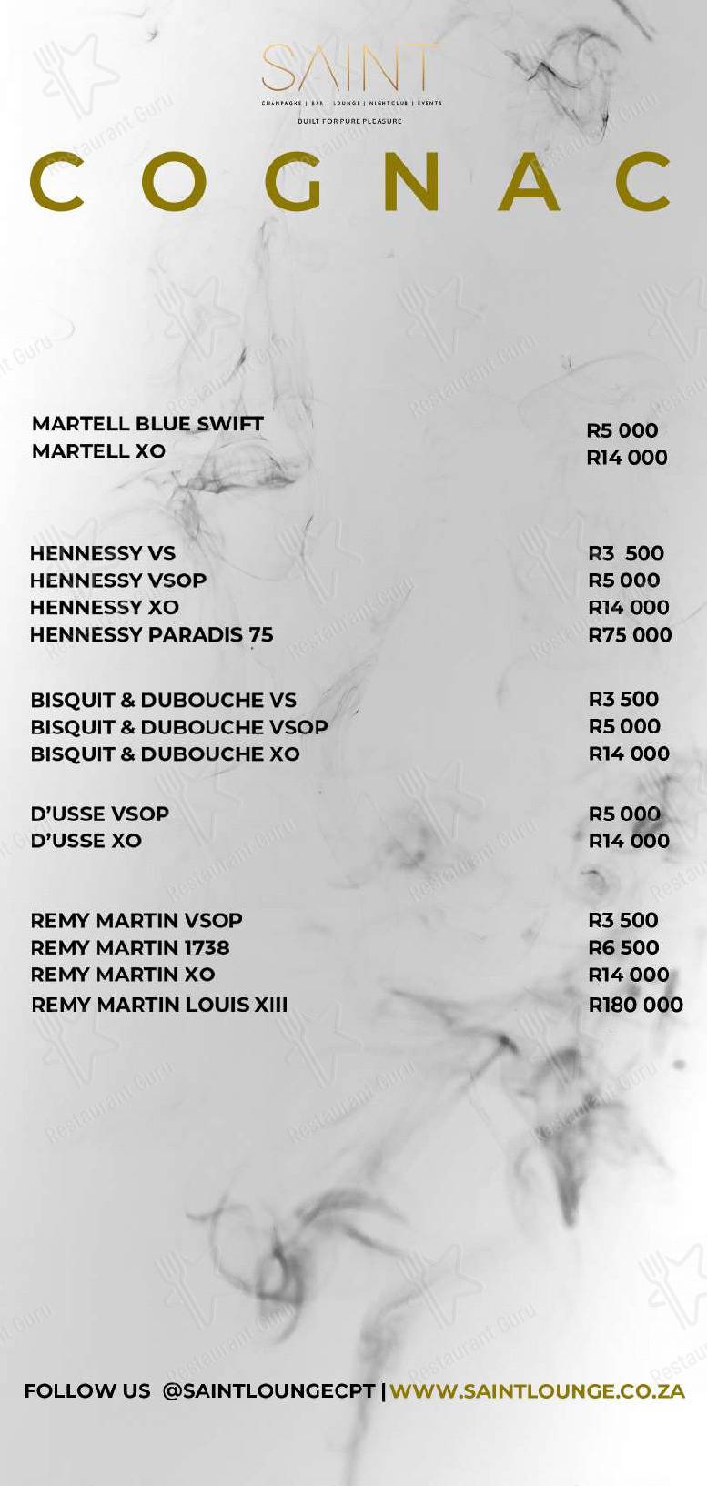 Menu at Saint Champagne Bar & Lounge - Nightclub, Cape Town
