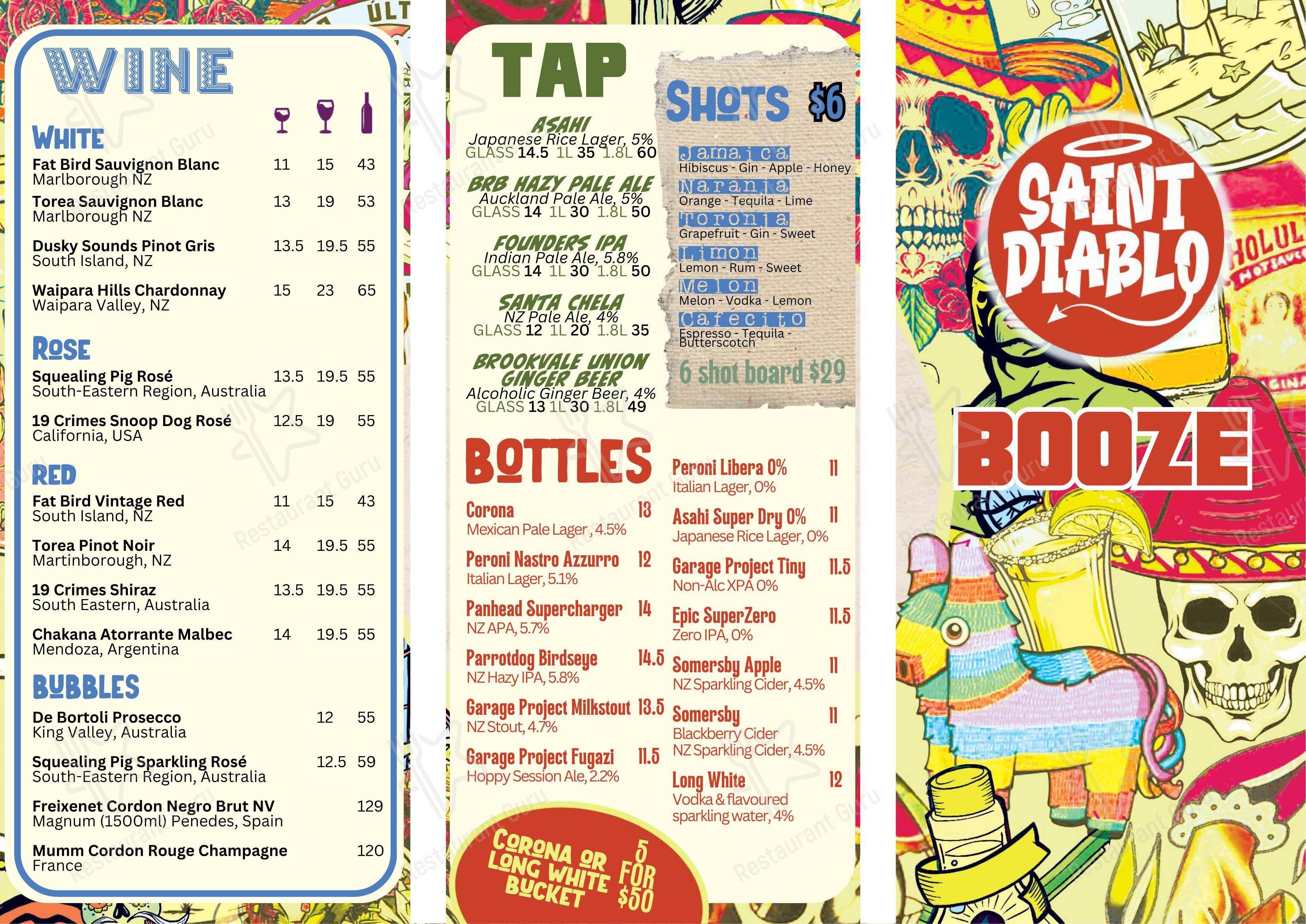 Menu at Saint Diablo pub & bar, Wellington