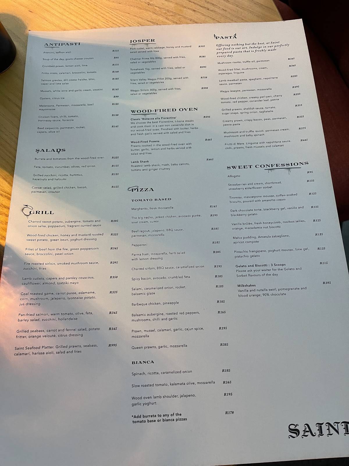 Menu at Saint Restaurant, Sandton