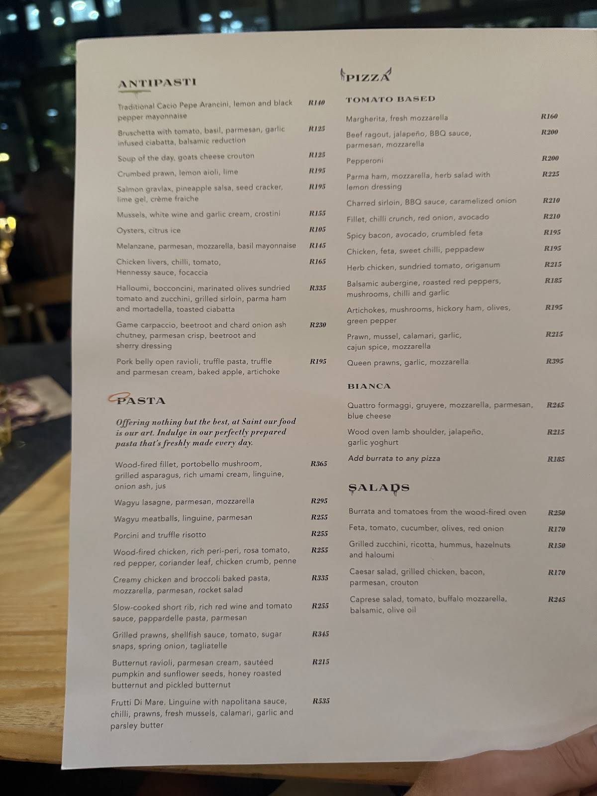 Menu at Saint Restaurant, Sandton