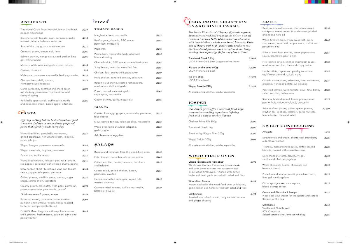 Menu at Saint Restaurant, Sandton