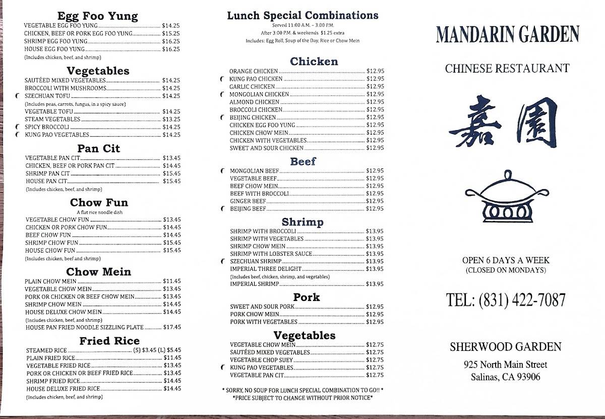 Menu at Mandarin Garden Chinese Restaurant, Salinas