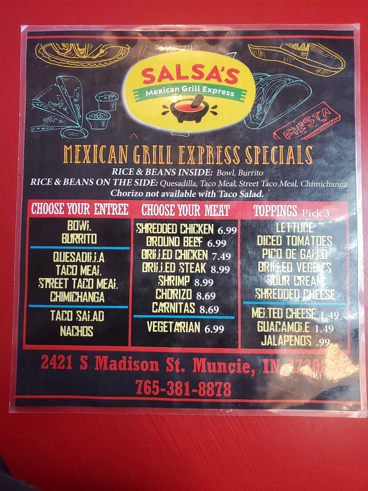 Menu at Salsa’s Mexican Grill Express restaurant, Muncie