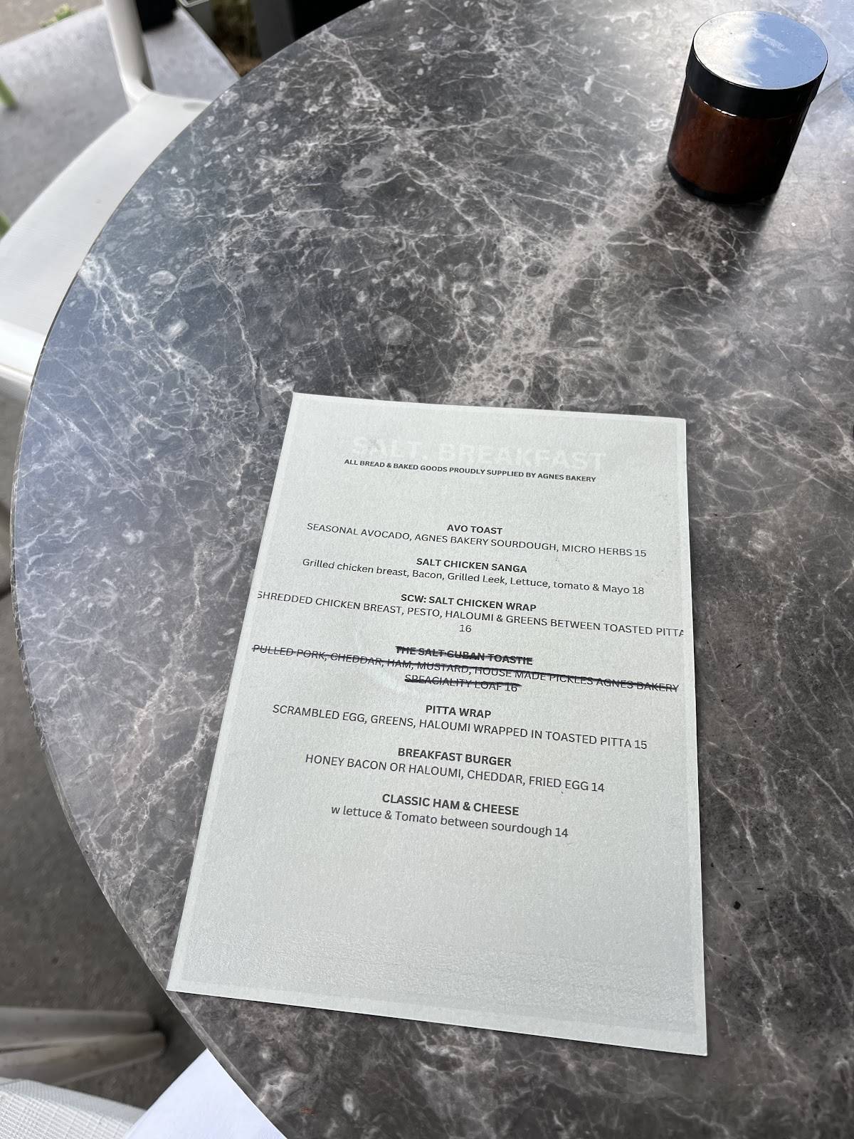 Menu at Salt Coffee Roasters cafe, Newstead