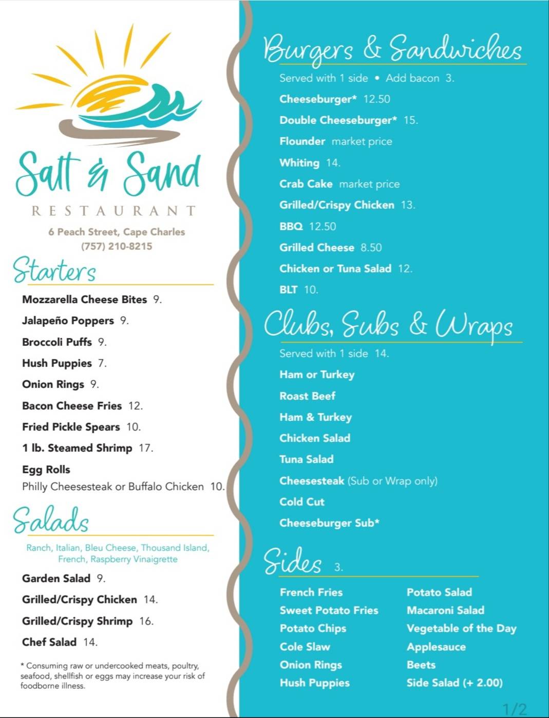 Menu at Salt and Sand Family Restaurant, Cape Charles