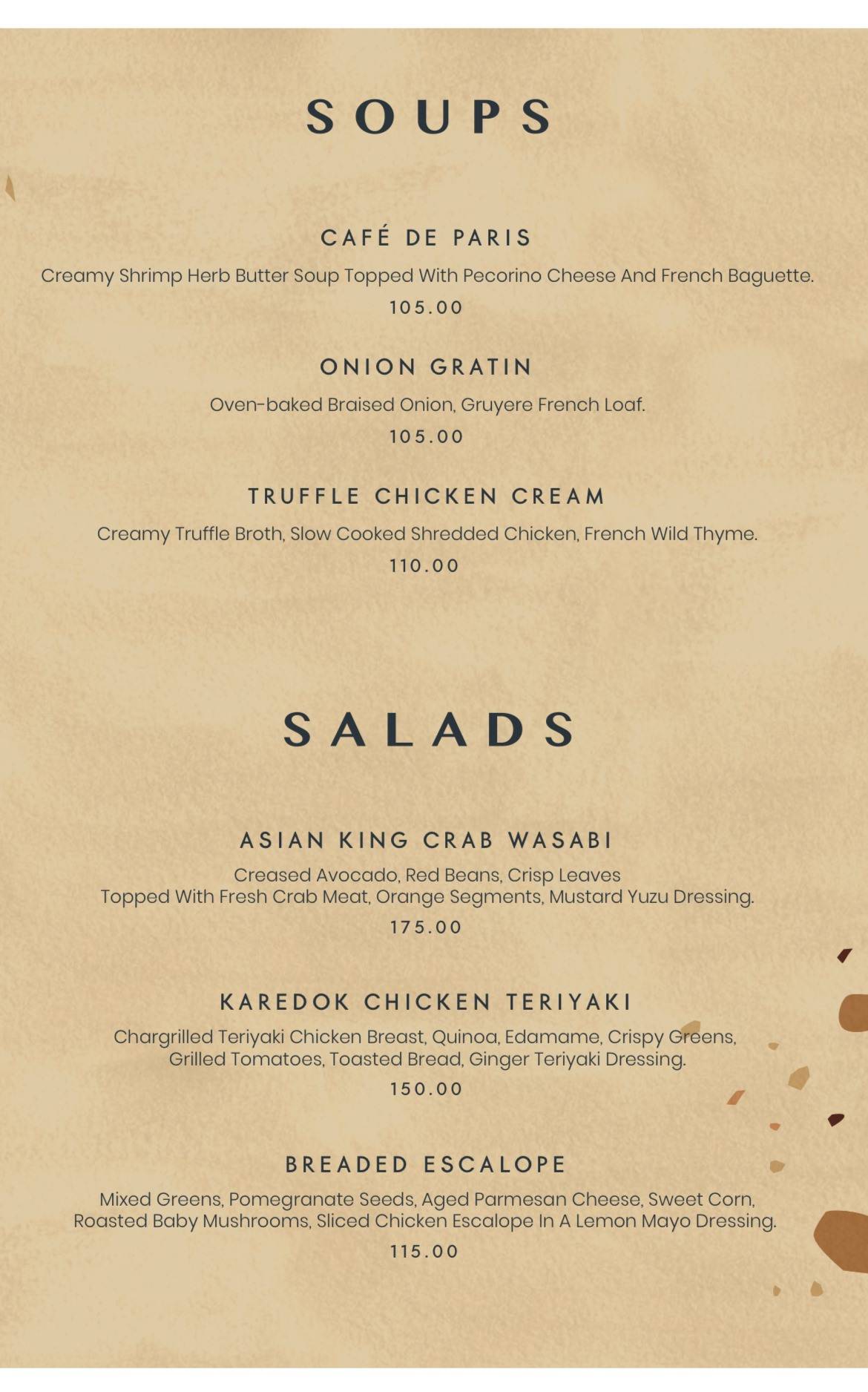 Menu at Salt of Earth restaurant, New Cairo City