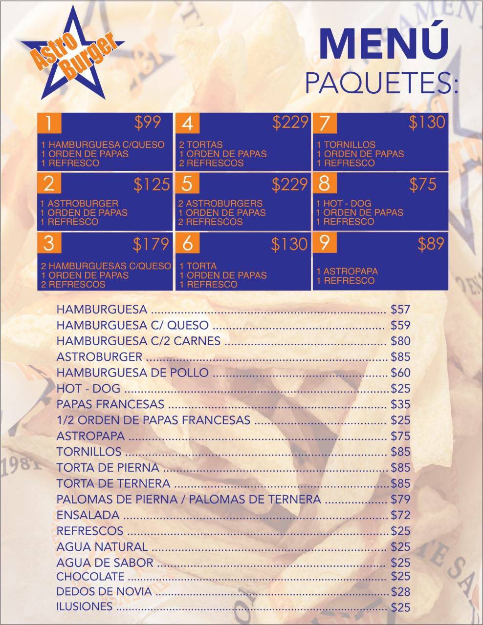 Carta del restaurante Astro Burger, Saltillo, Jesús Acuña Narro 187-1