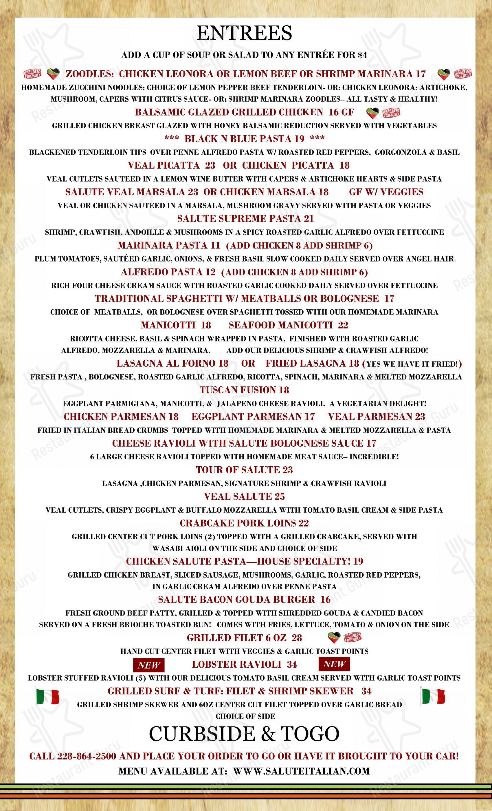 Menu at Salute Italian Restaurant, Gulfport