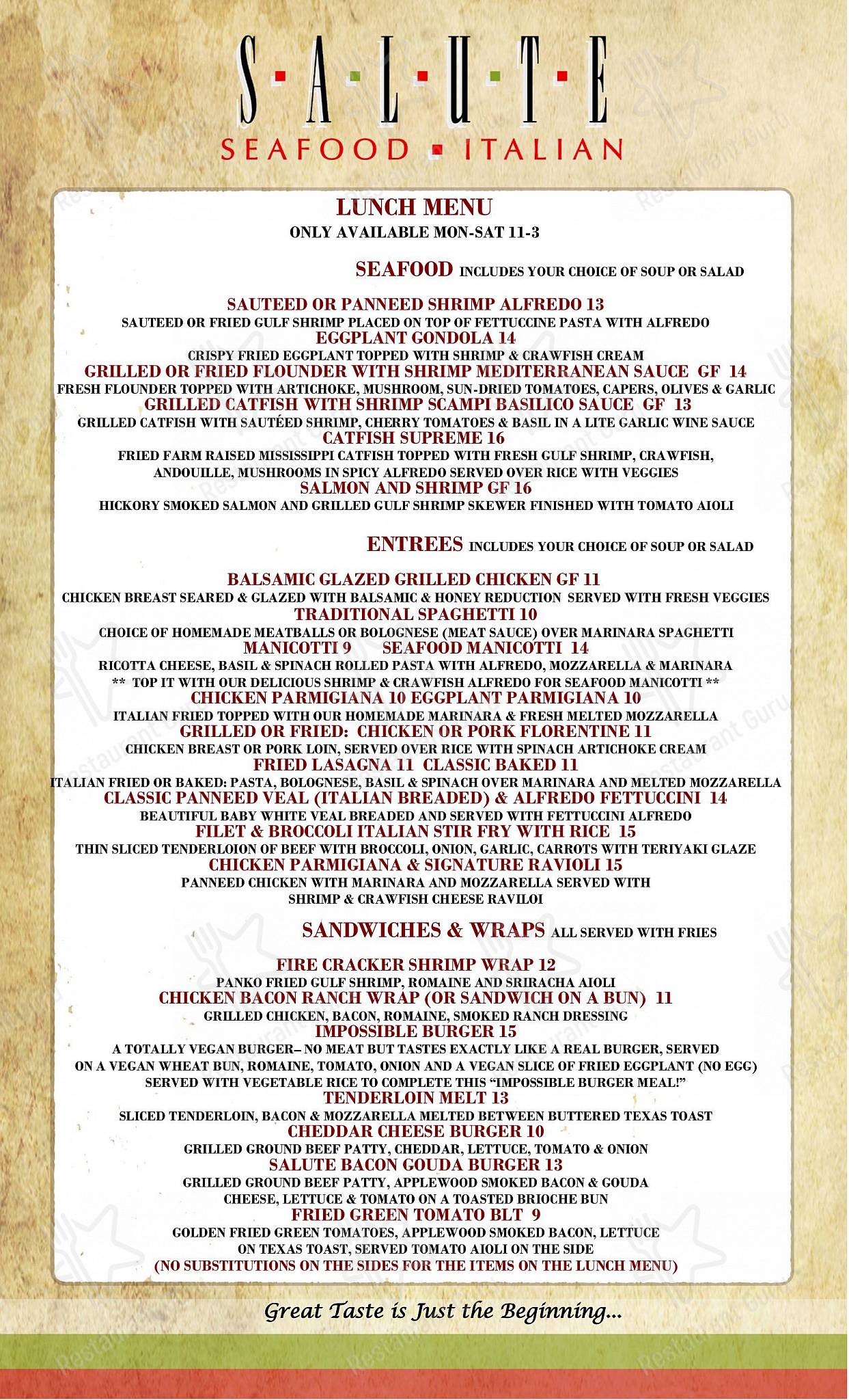 Menu at Salute Italian Restaurant, Gulfport