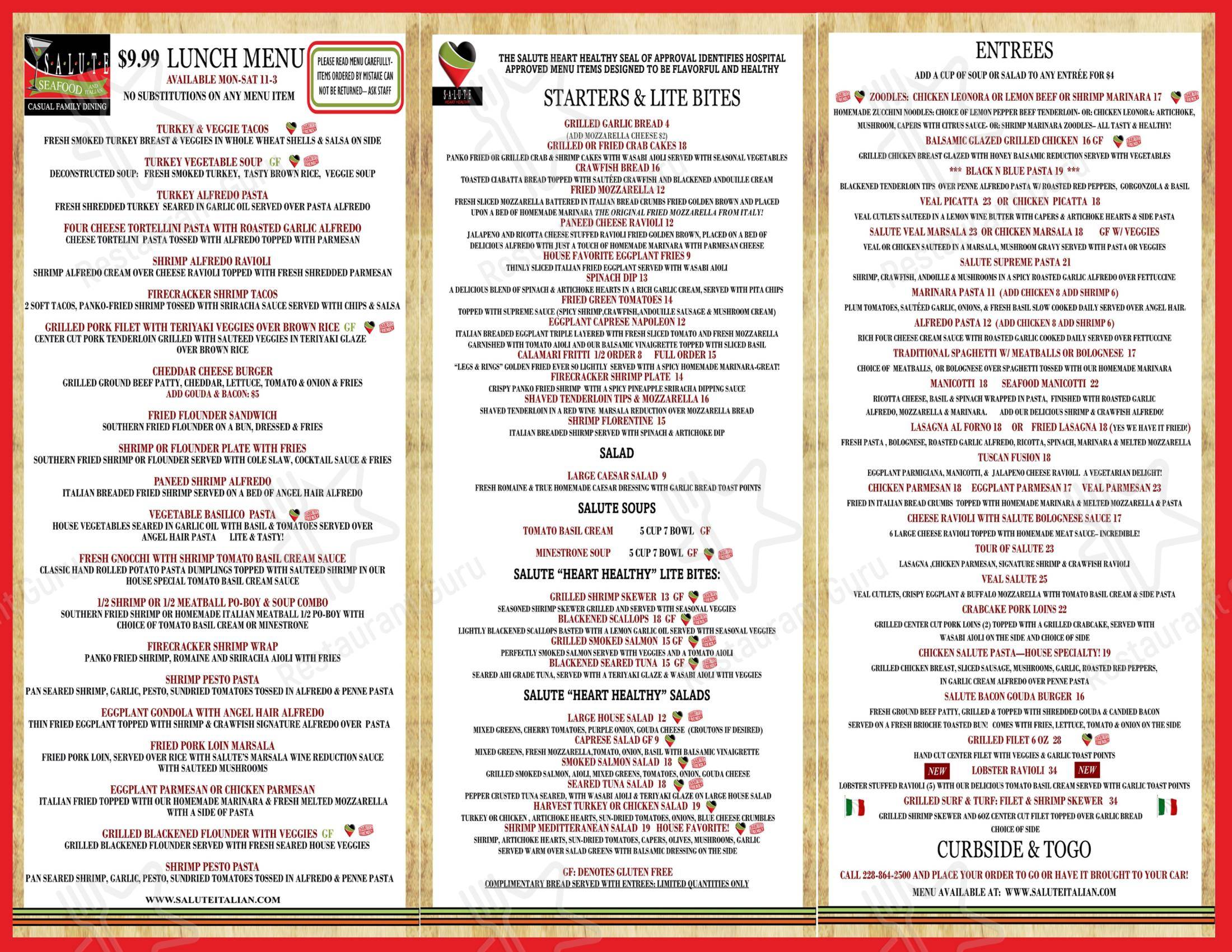 Menu at Salute Italian Restaurant, Gulfport