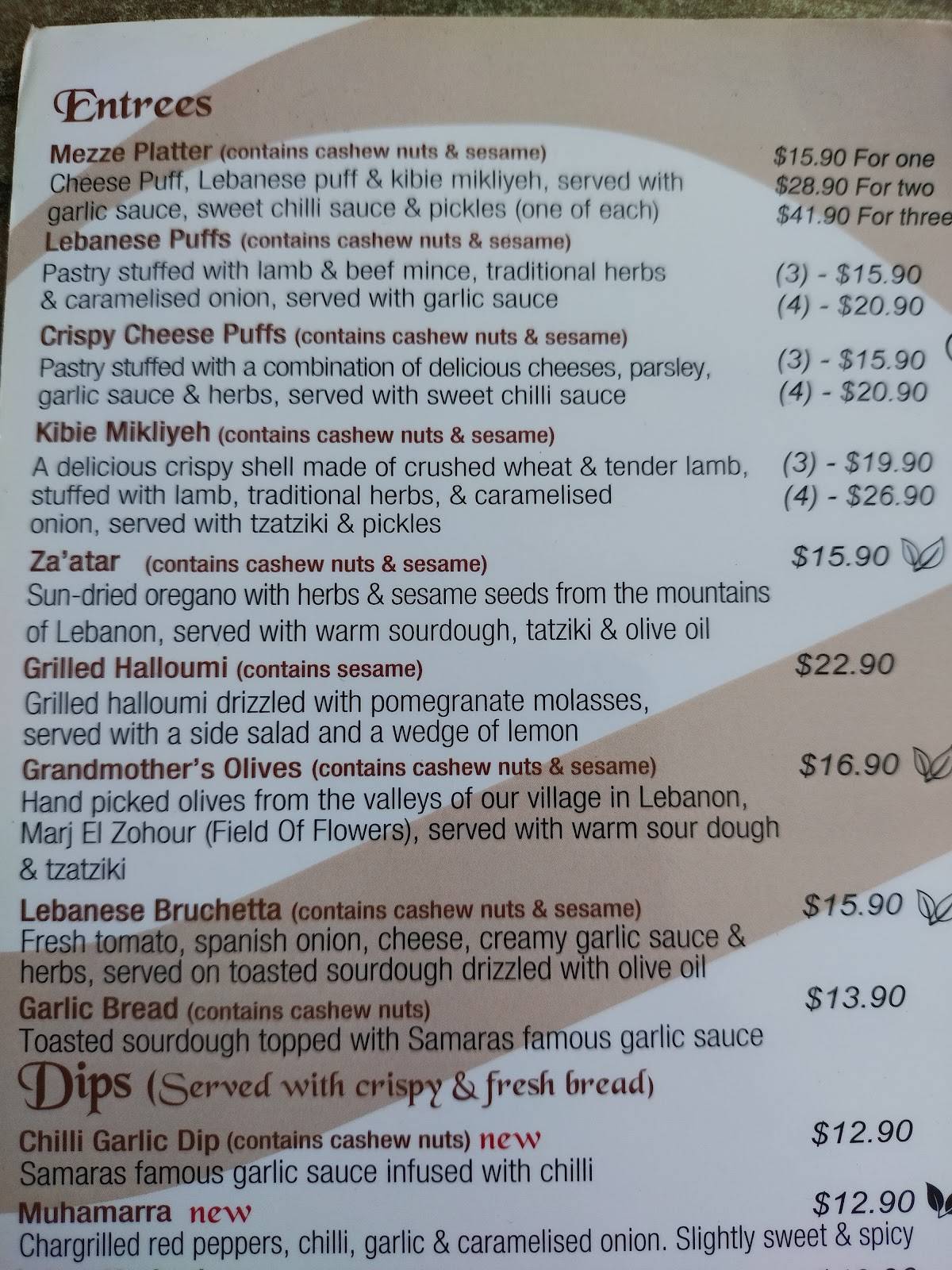 Menu at Samaras Restaurant, Wollongong