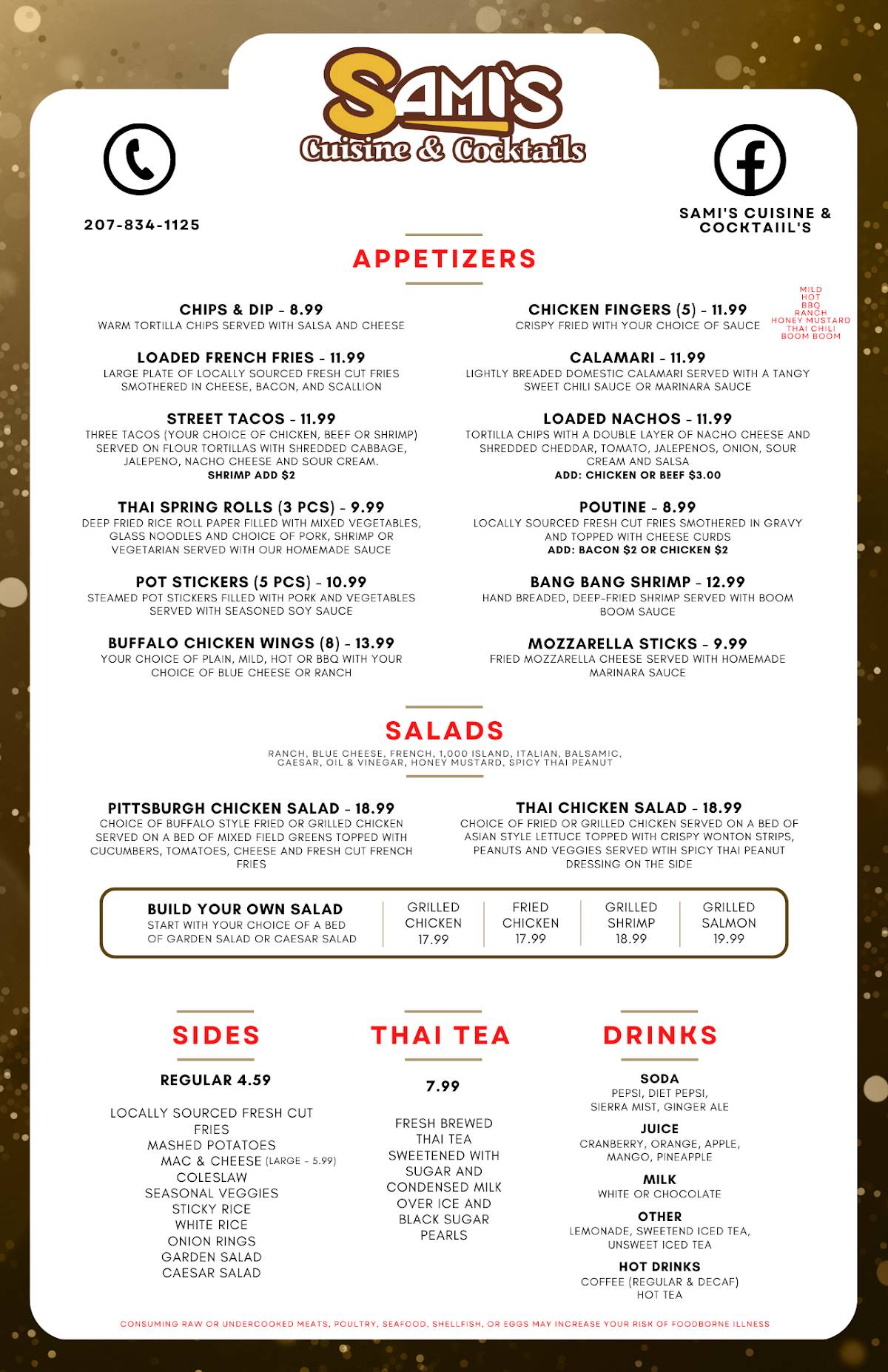 Menu at Sami's Cuisine and Cocktails restaurant, Fort Kent