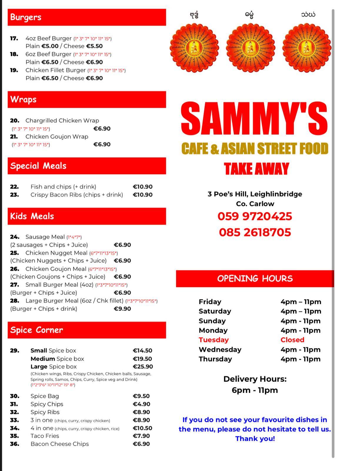 Menu at Sammy's Café & Asian Street Food Takeaway restaurant ...