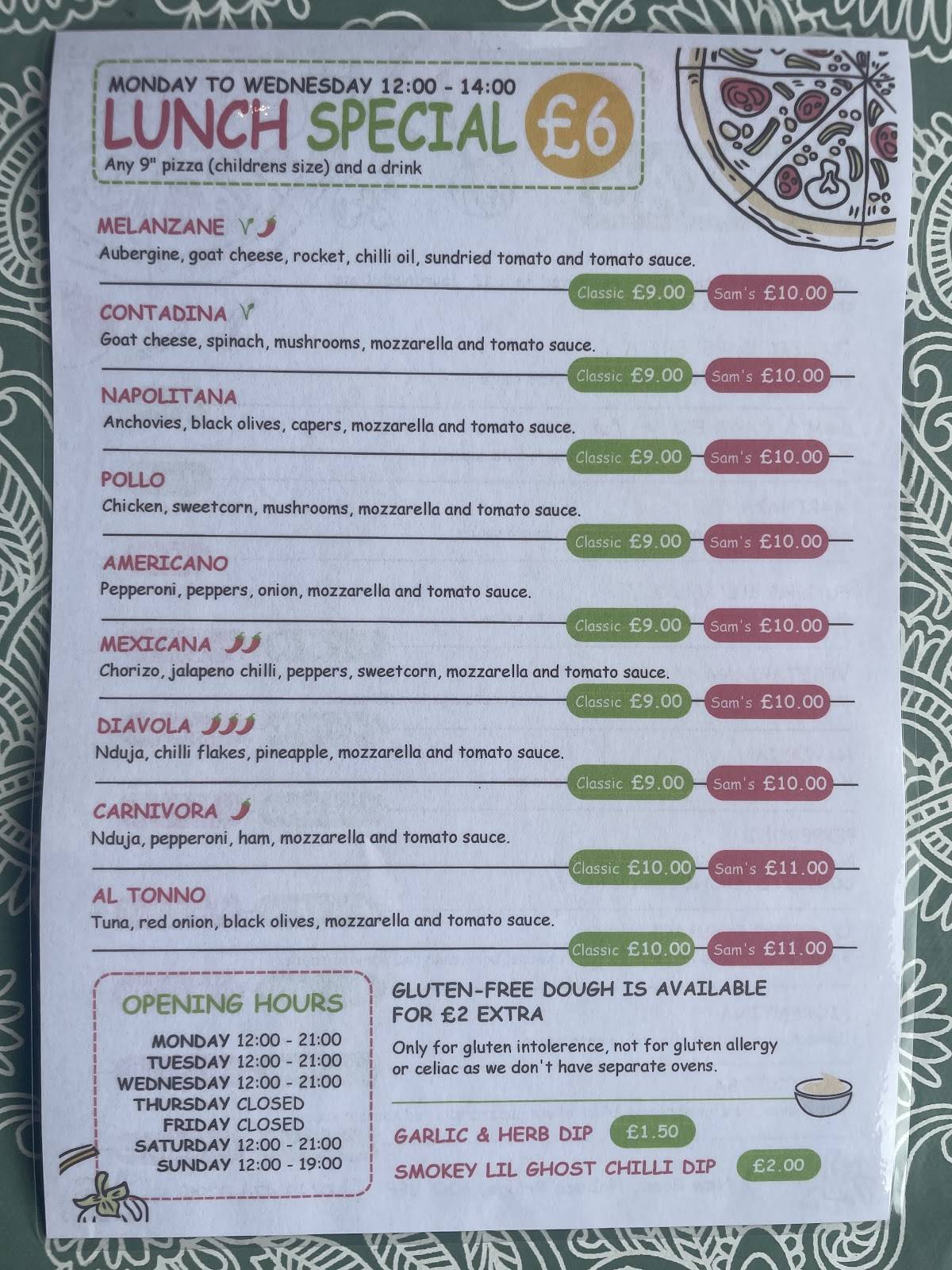 Menu at Sam’s Pizzas restaurant, Hebden Bridge