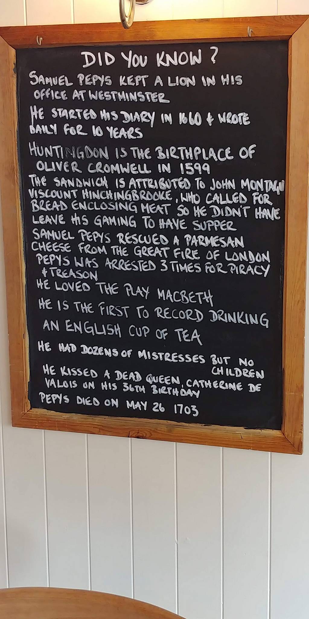 Menu at Samuel Pepys pub & bar, Huntingdon