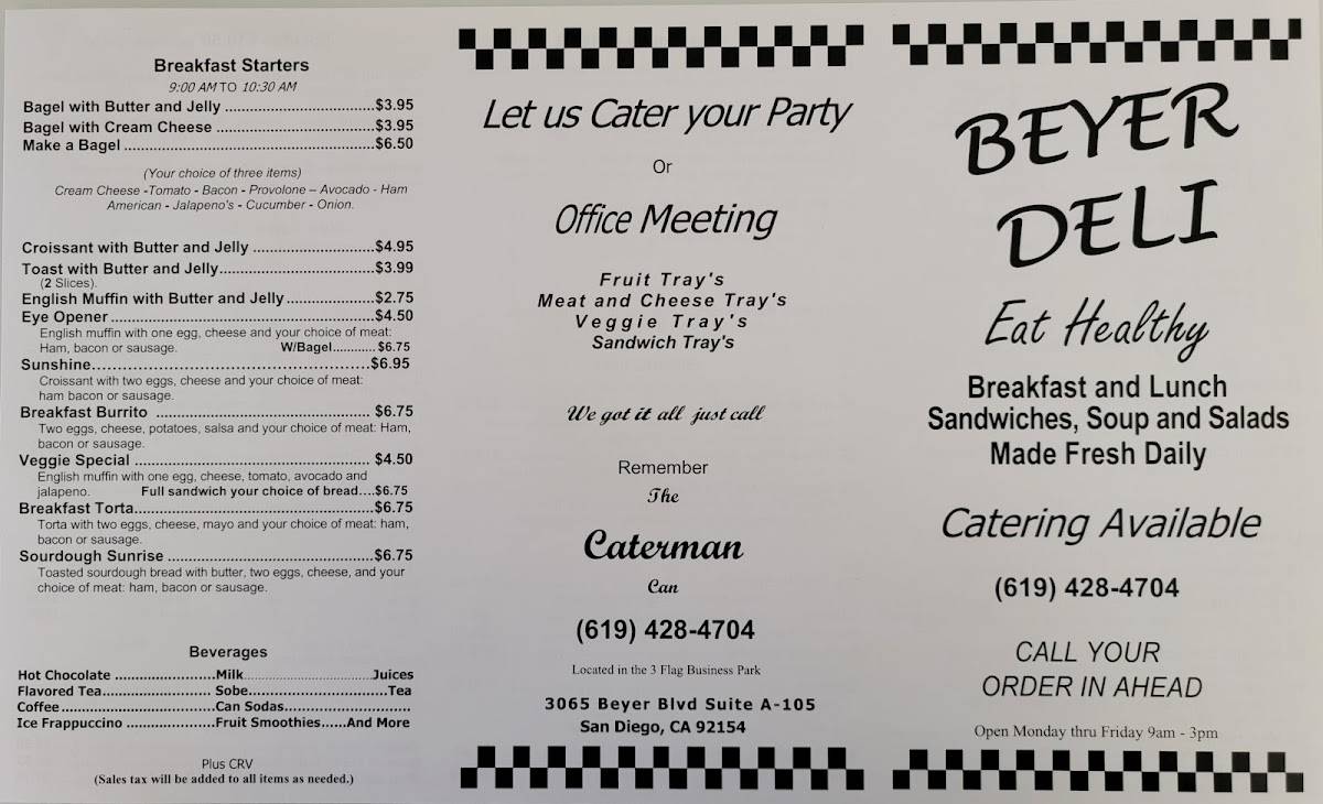 Menu at Beyer Deli restaurant, San Diego