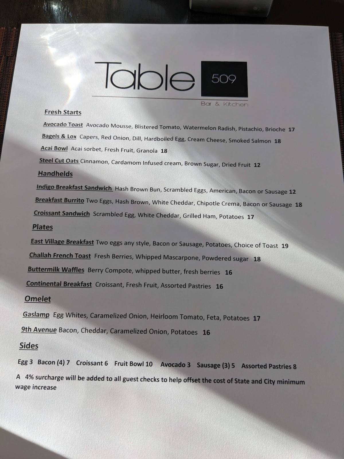 Menu at Table 509 Bar & Kitchen, San Diego, 509 Ninth Ave