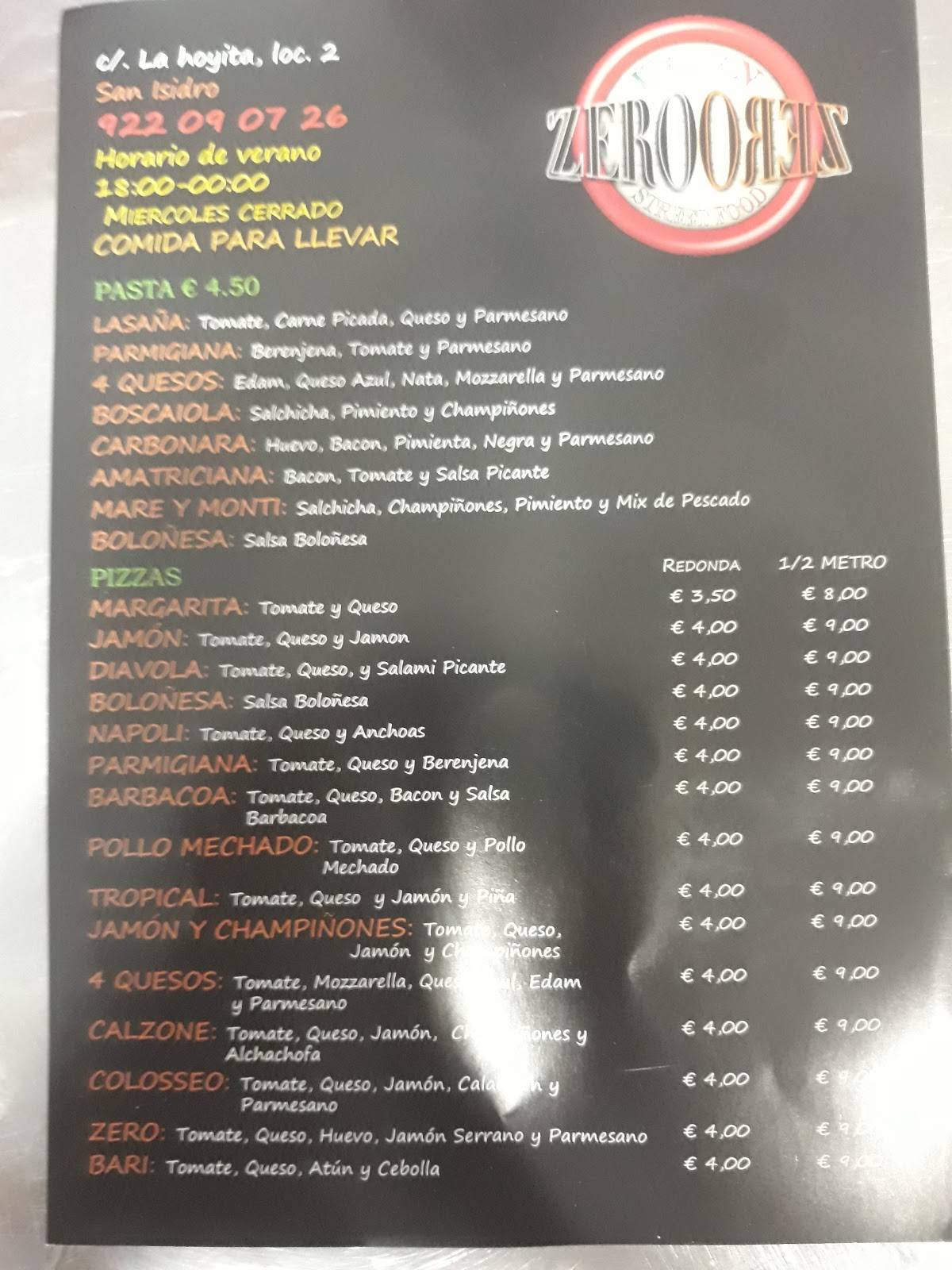Carta de Pizzería Zero Zero, San Isidro