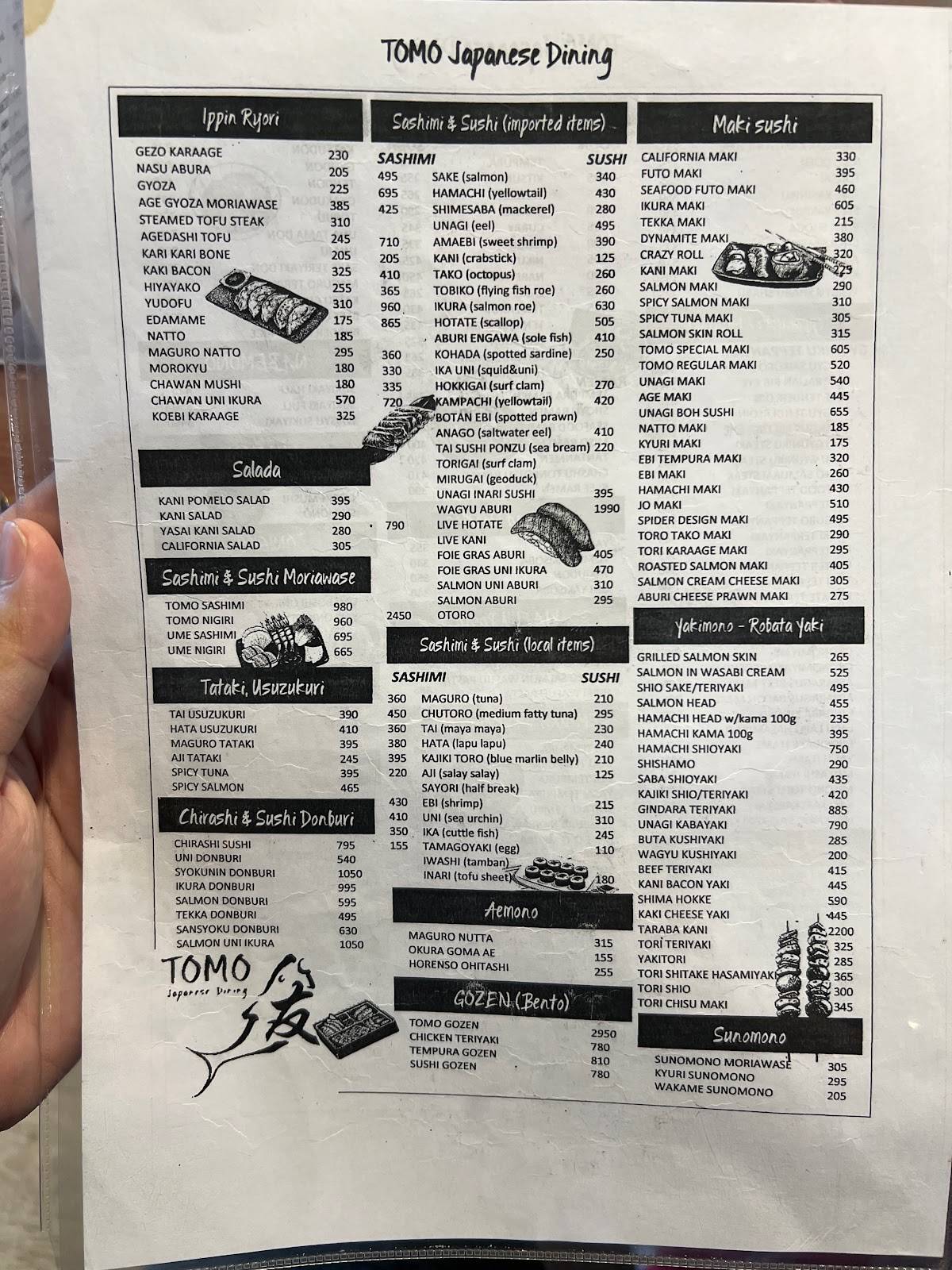 Menu at Tomo Japanese Dining restaurant, San Juan