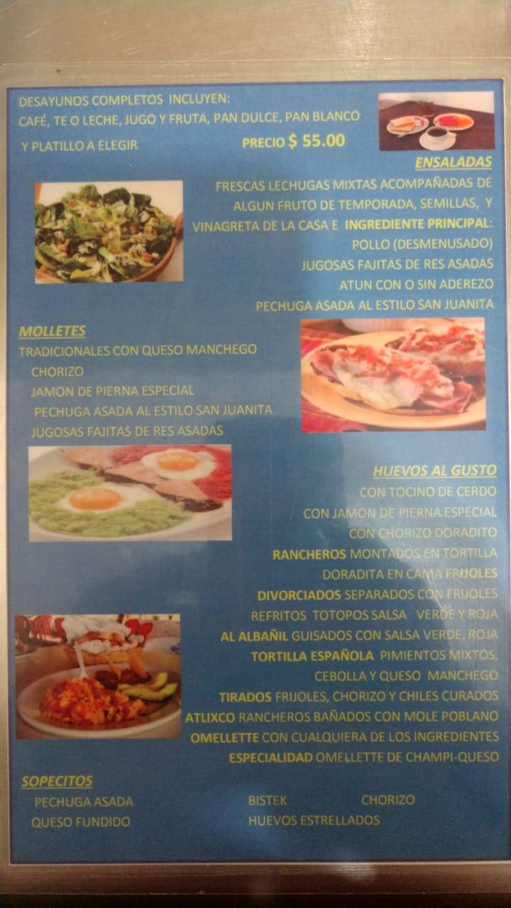 Carta de San Juanita Restaurante, Mexico