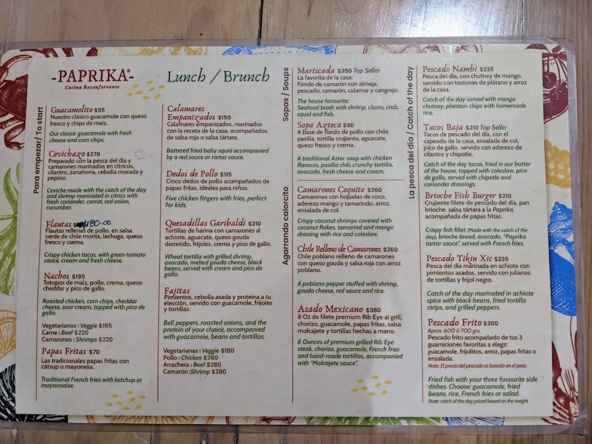 Menu at Paprika Mexican & Caribbean kitchen restaurant, San Miguel de ...