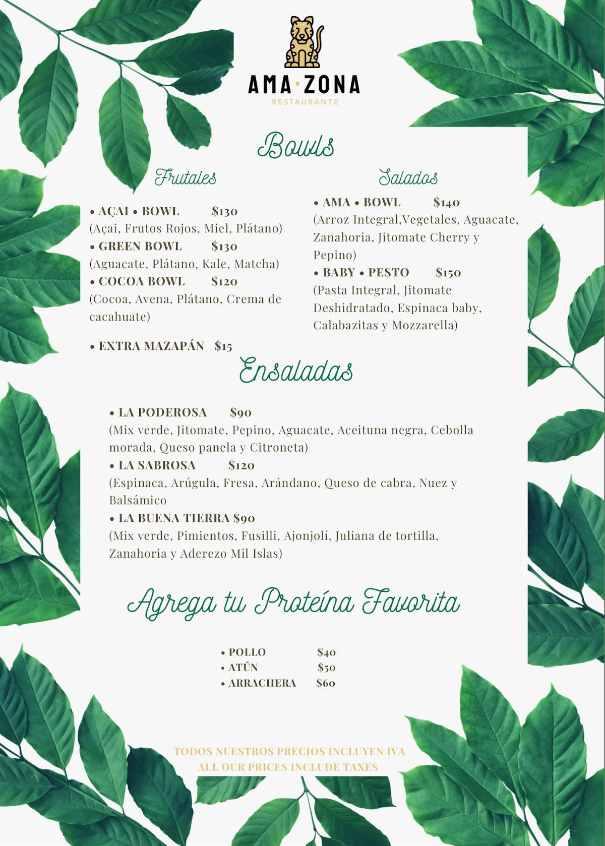Menu at Ama•zona restaurant, San Miguel de Allende