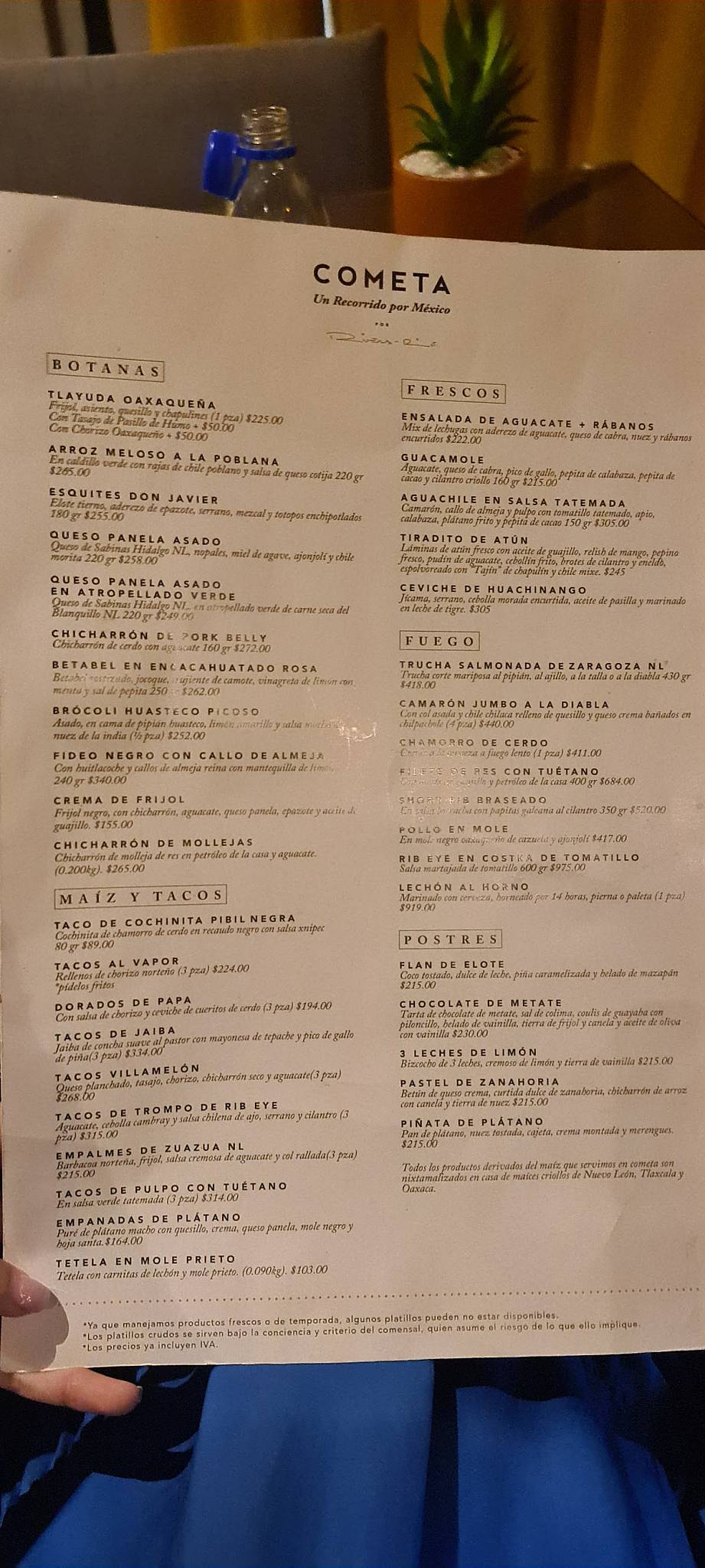 Carta del restaurante Cometa, San Pedro Garza García