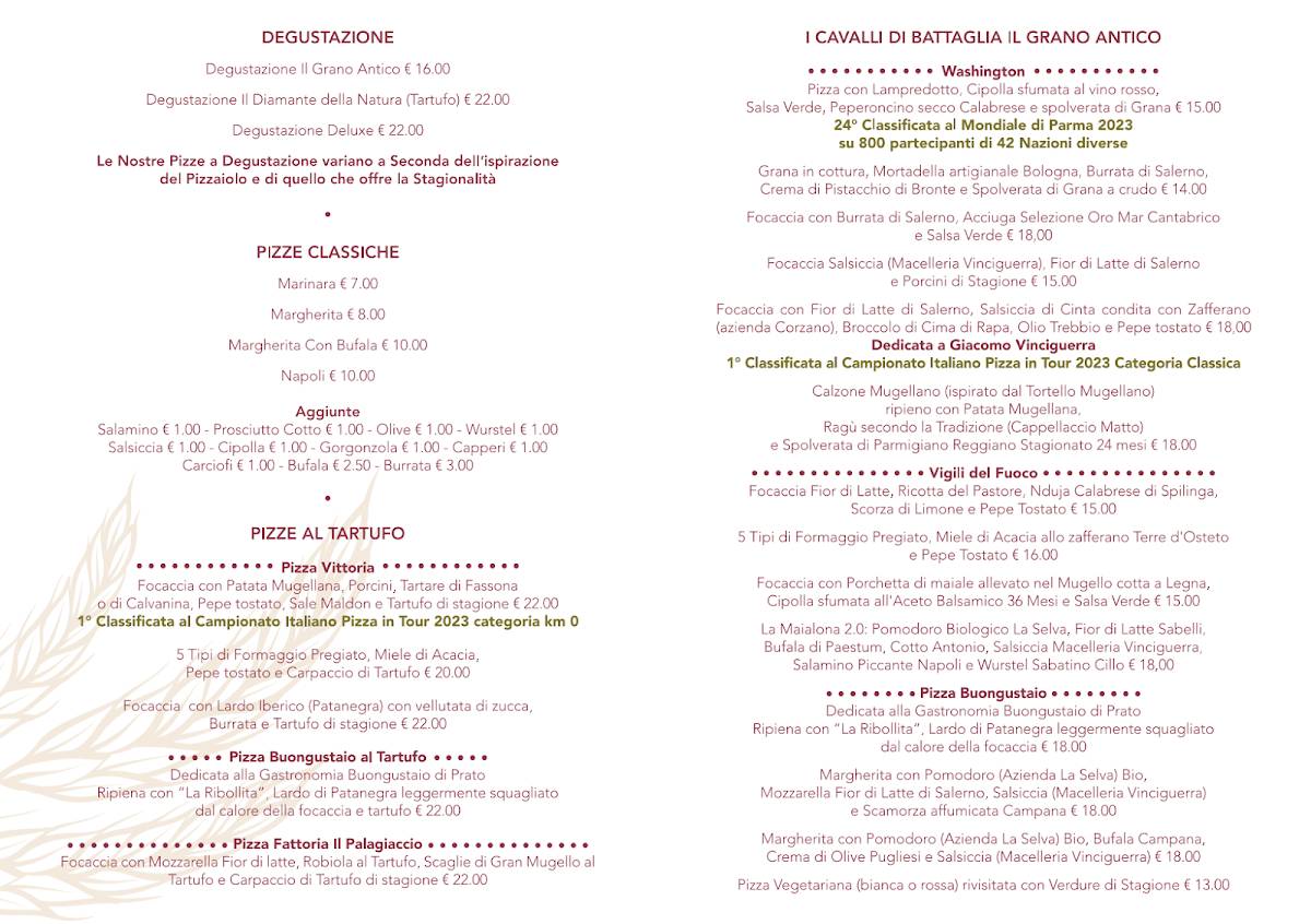 Menu da Il Grano Antico pizzeria, San Piero a Sieve