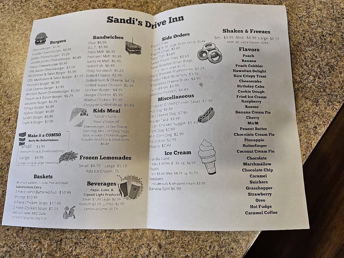 Menu at Sandi's Drive Inn restaurant, Richfield