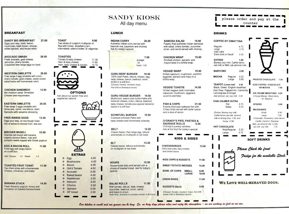 Menu at Sandy Kiosk cafe, Sandringham