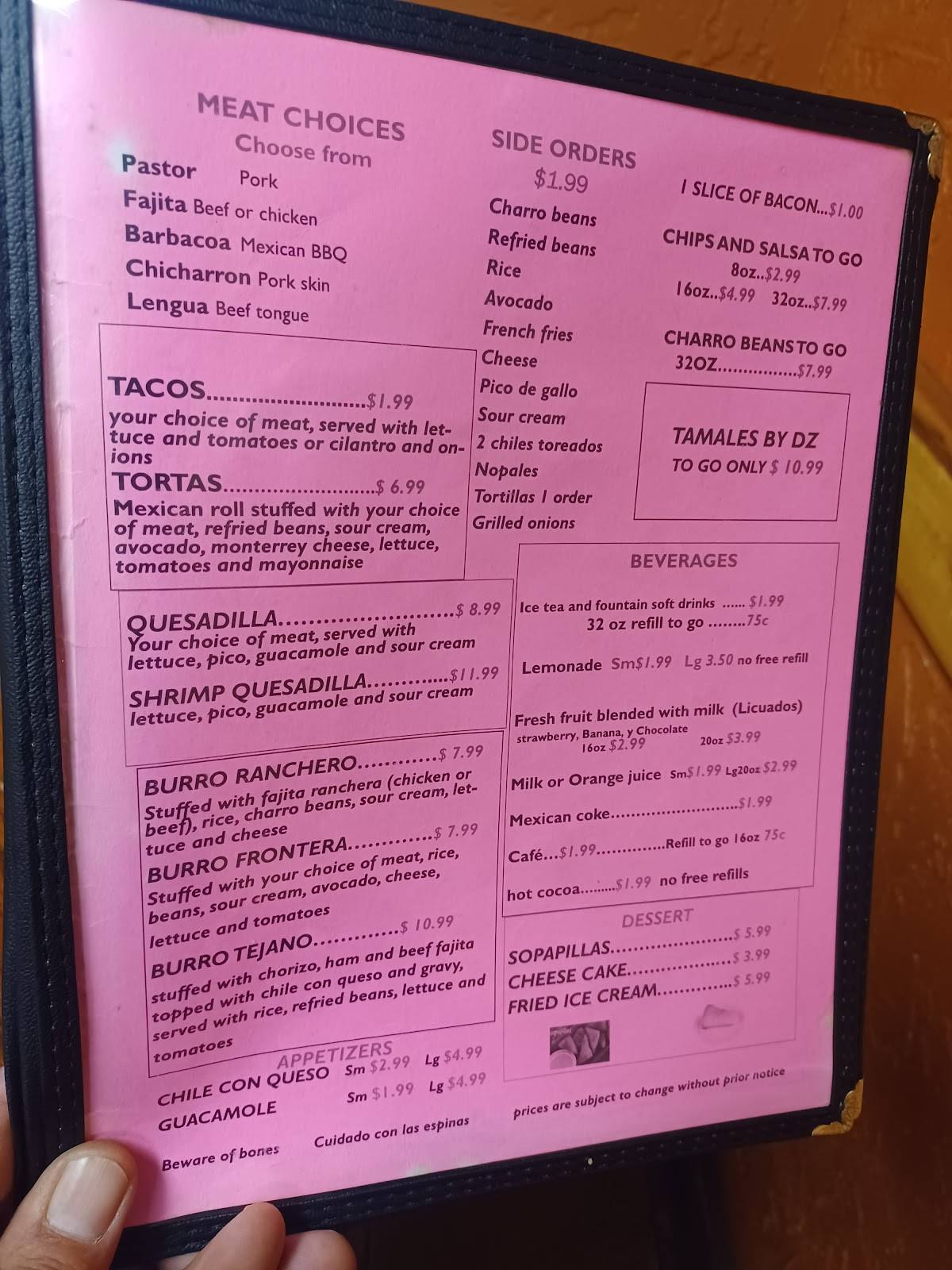 Menu at La Frontera restaurant, Santa Fe