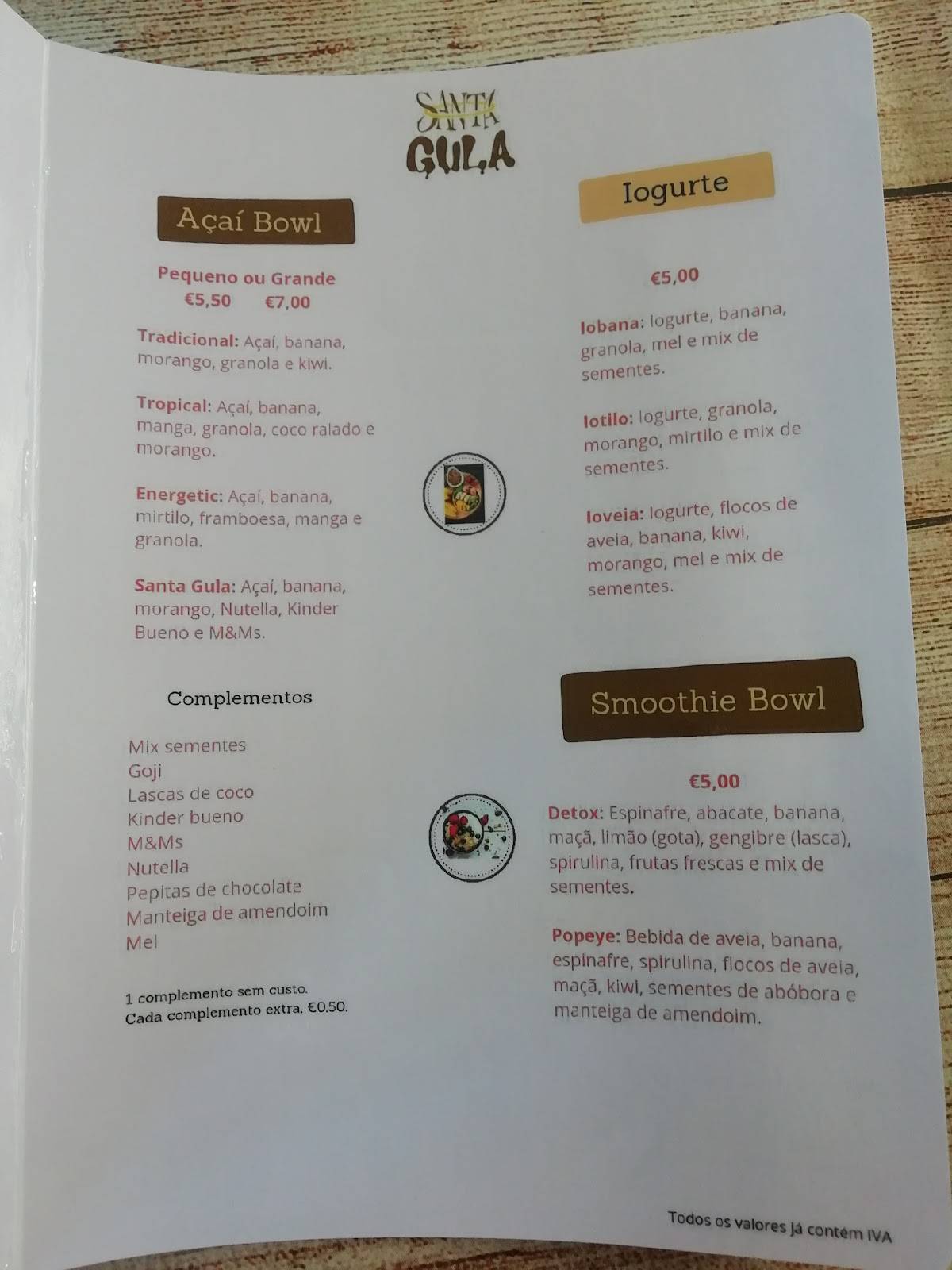 Menu em Santa Gula Cafeteria, Lisboa