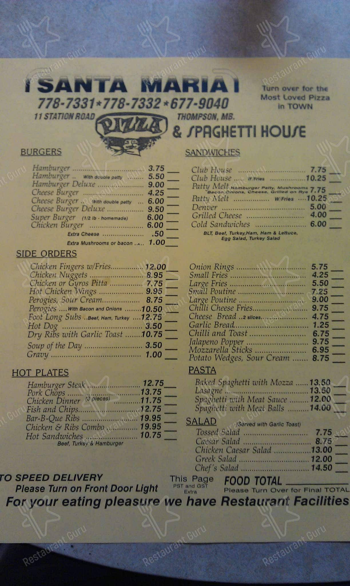 Menu at Santa Maria Pizza & Spaghetti House pizzeria, Thompson