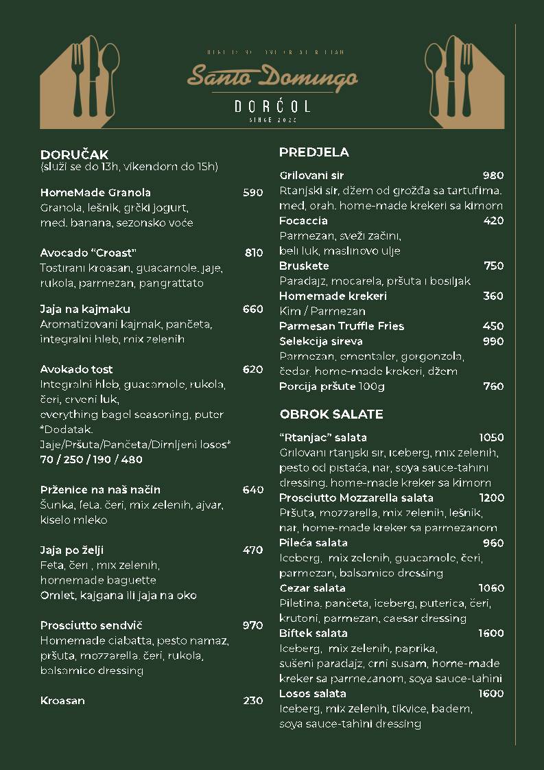 Menu au Santo Domingo Dorćol pub et bar, Belgrade