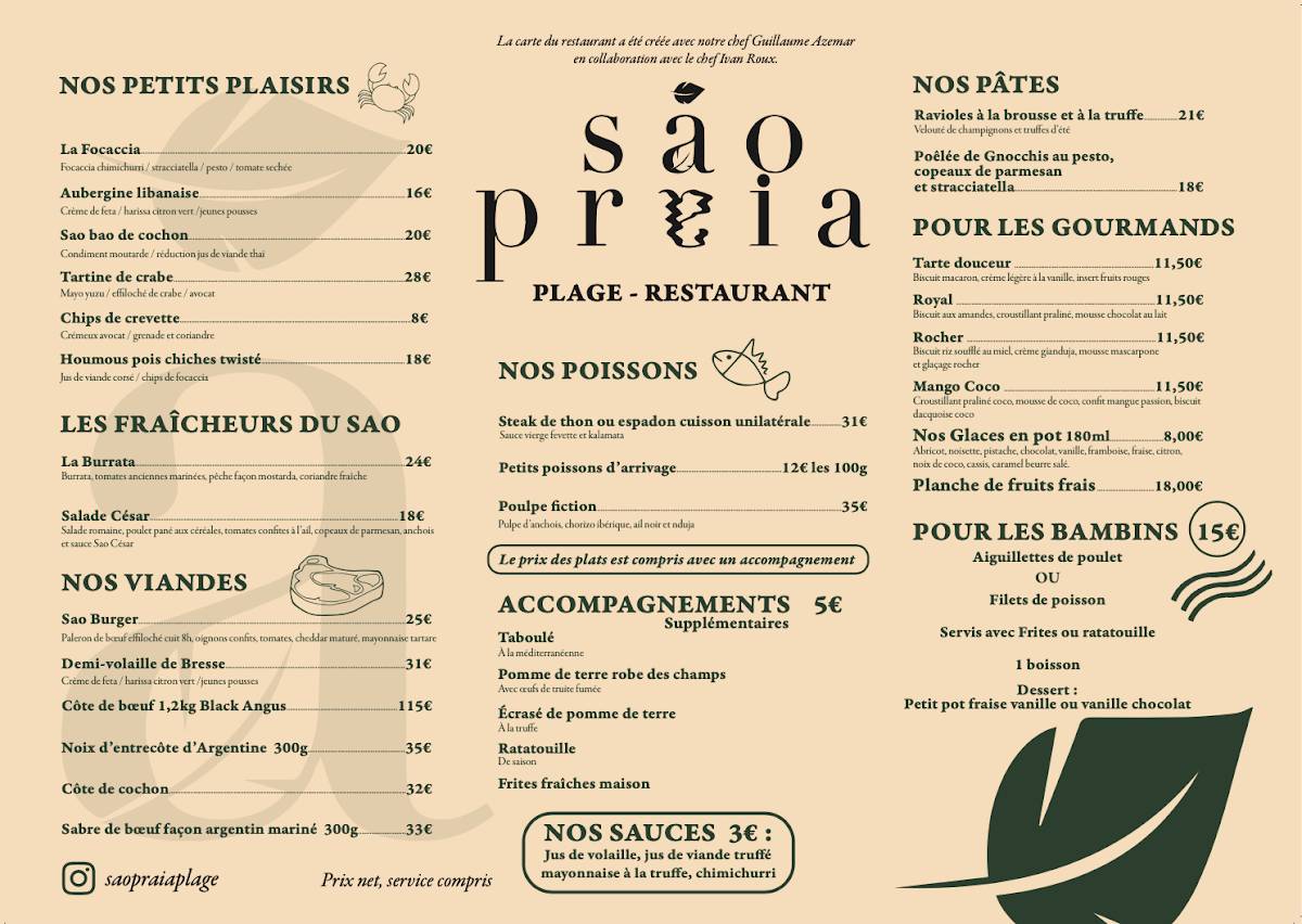 Menu au São Praia restaurant, Hyères