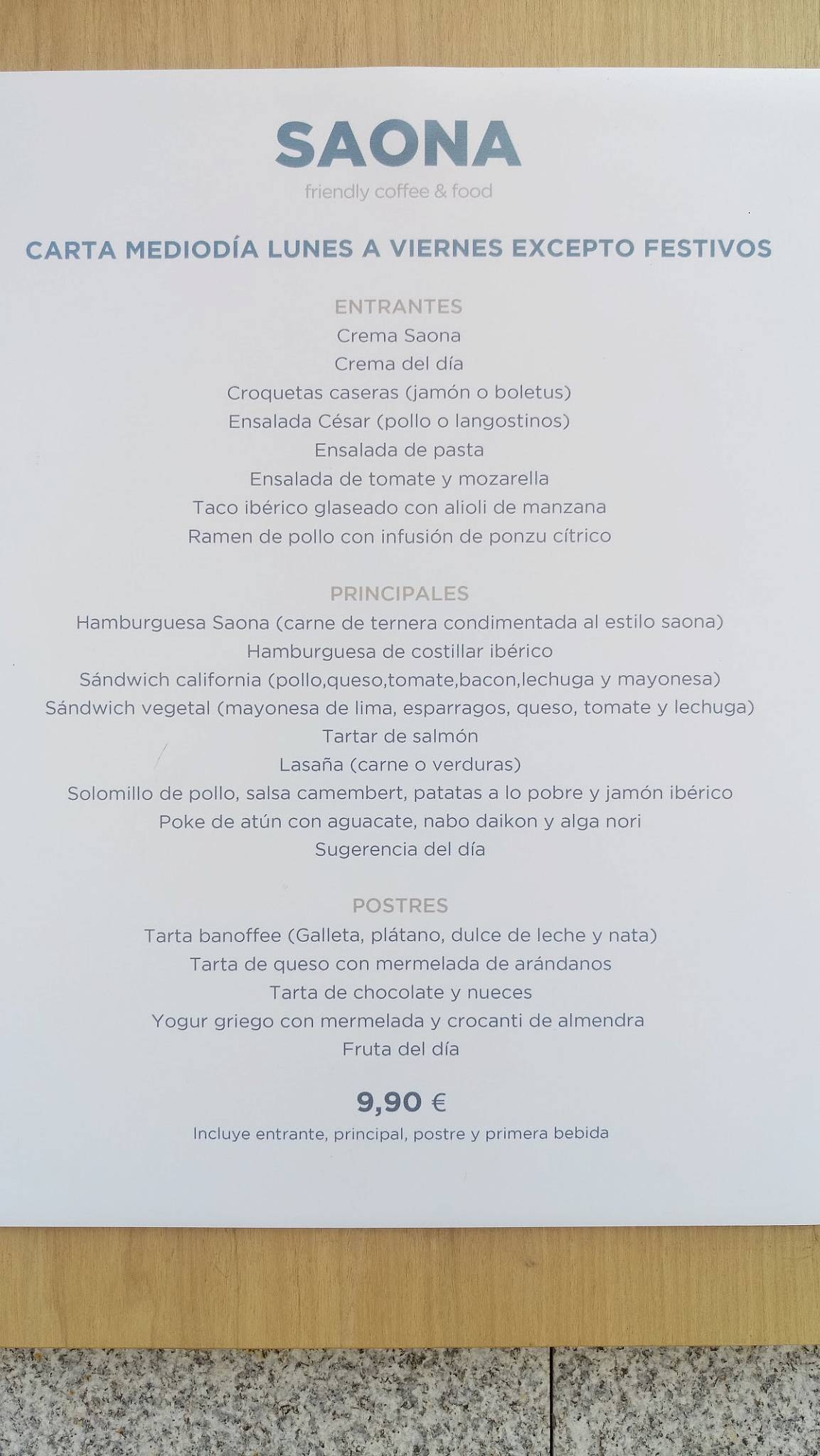 Carta del restaurante Saona Alameda, Valencia, Pg. del l'Albereda