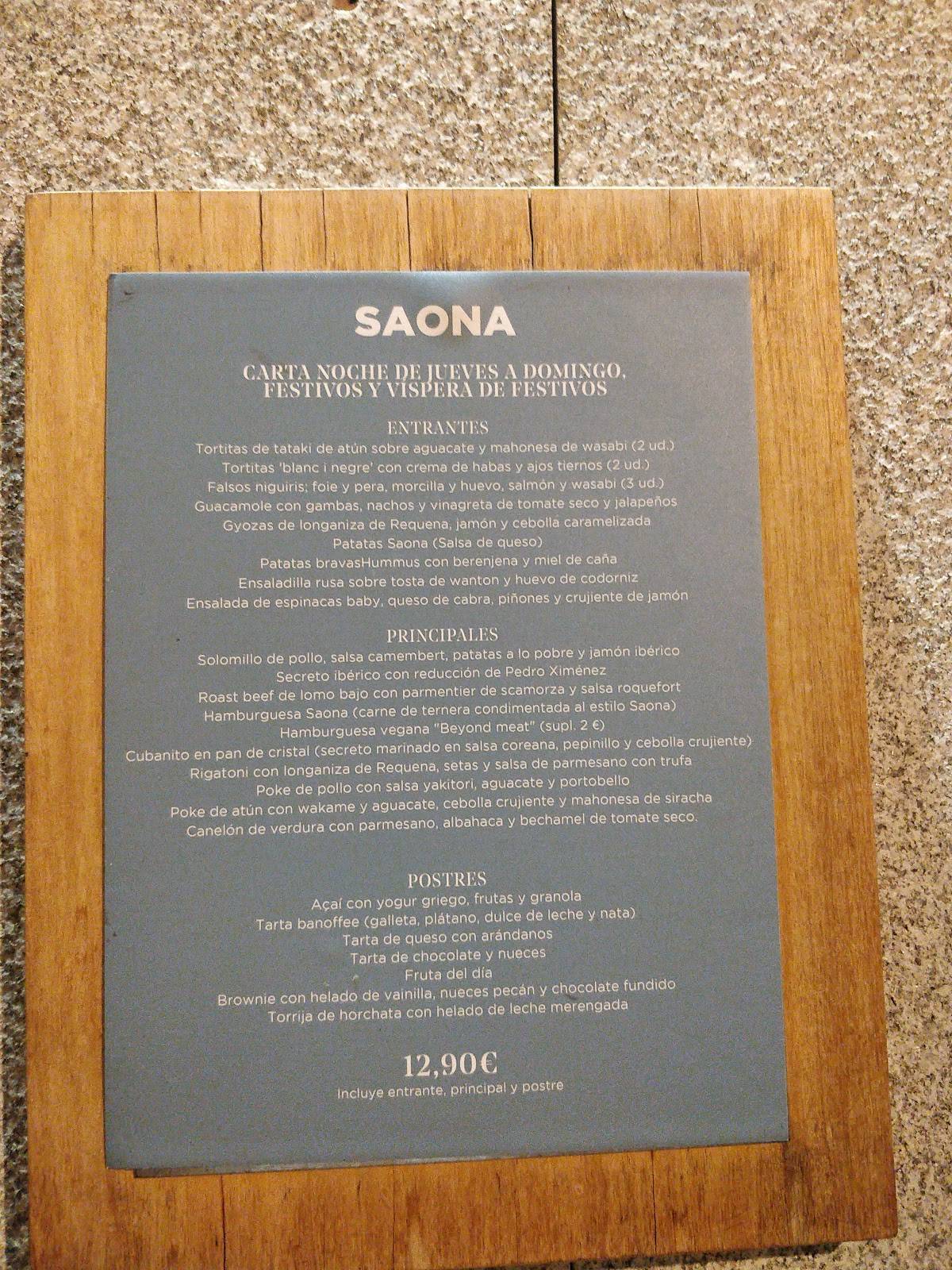 Carta del restaurante Saona Alameda, Valencia, Pg. del l'Albereda