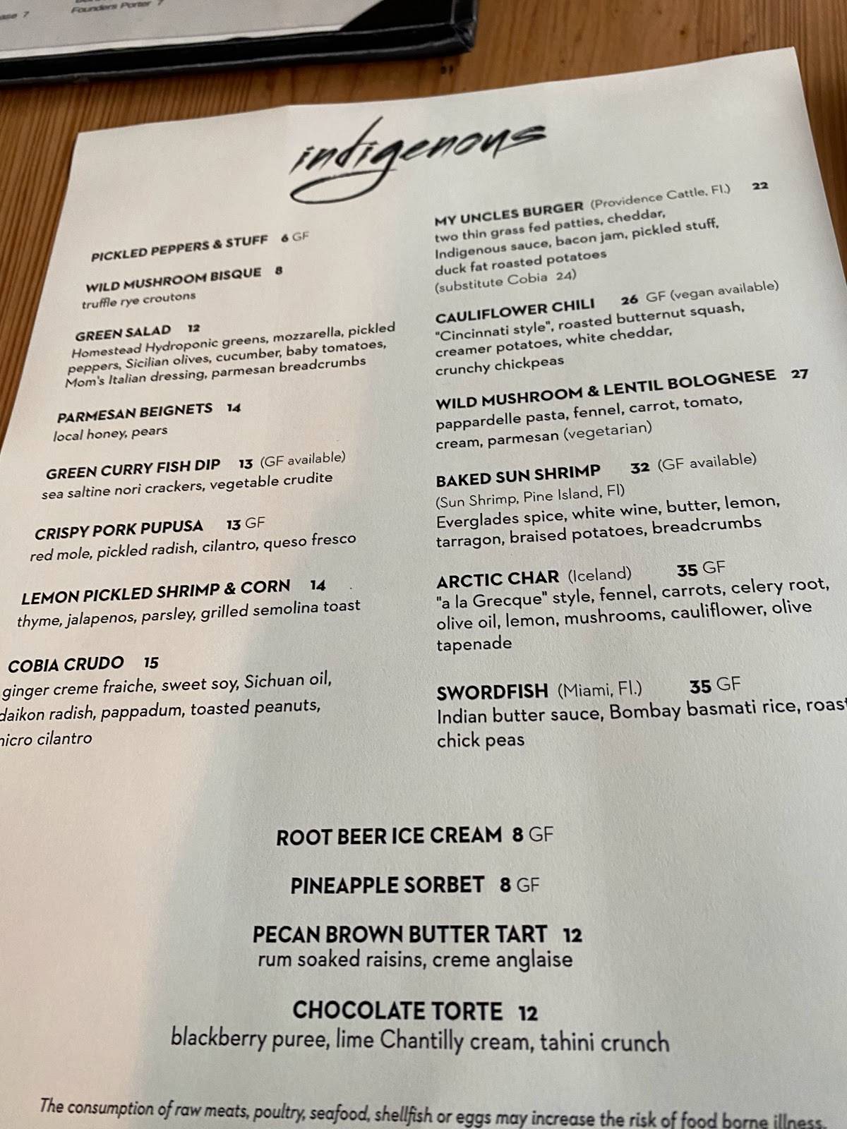 Menu at Indigenous Restaurant, Sarasota