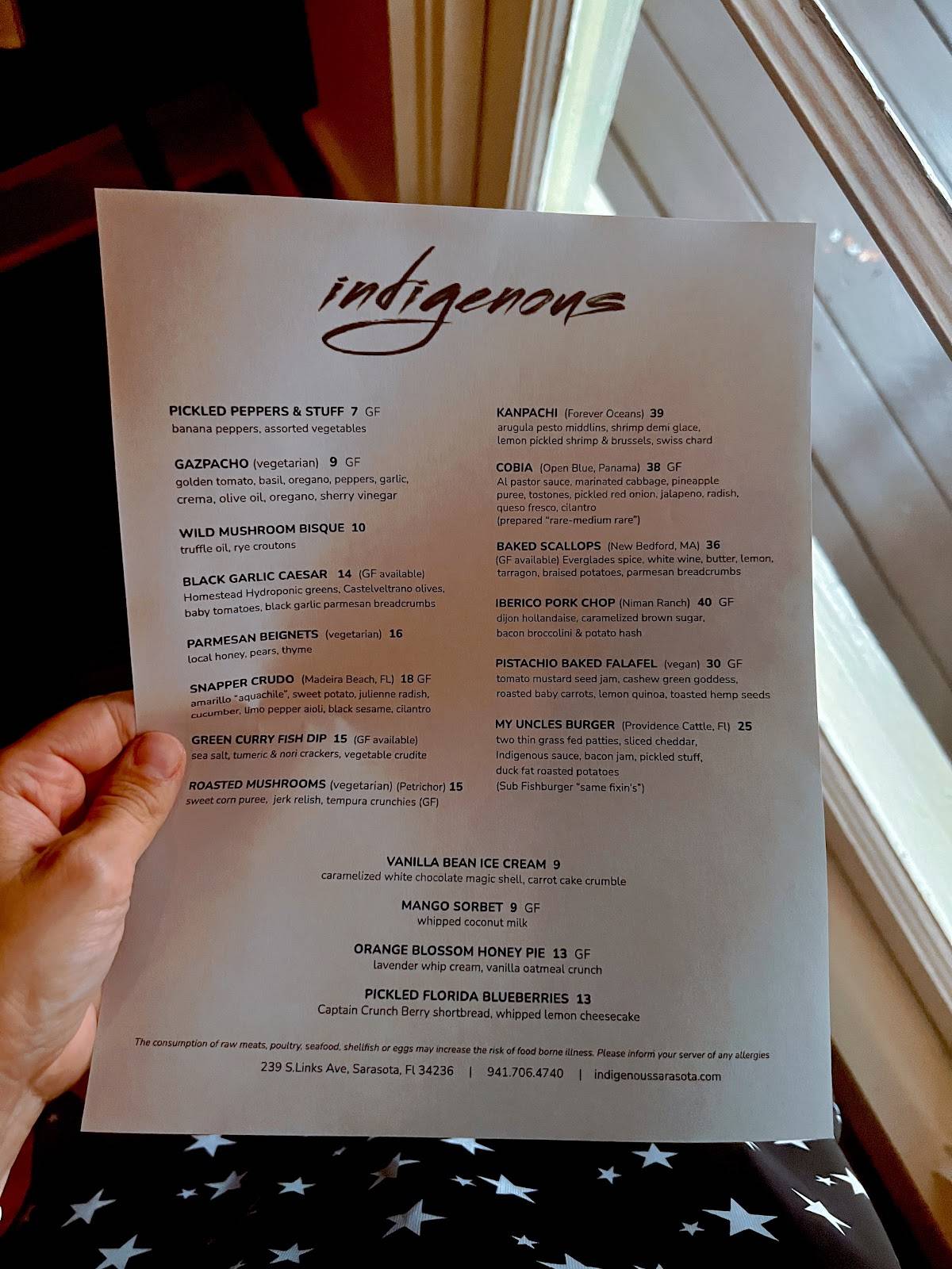 Menu at Indigenous Restaurant, Sarasota