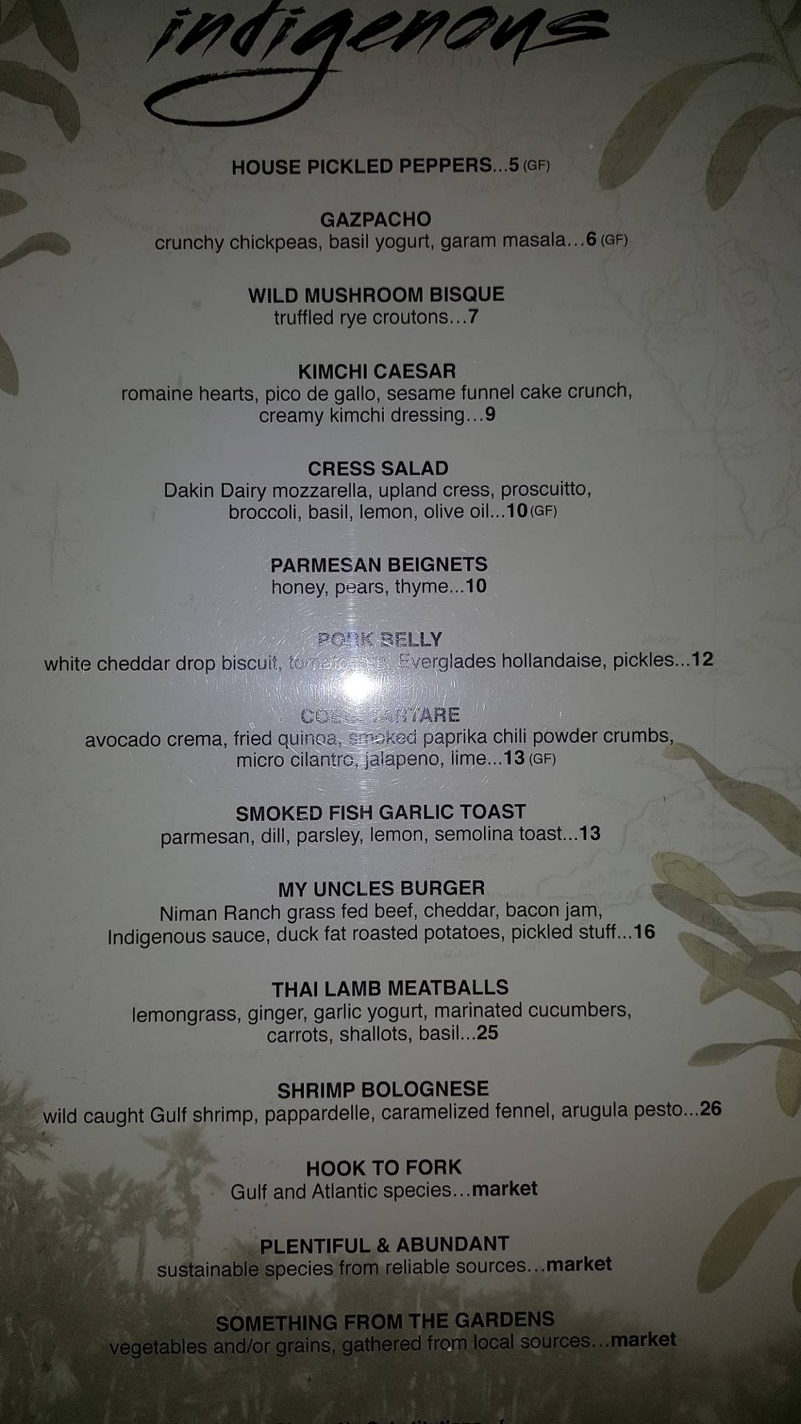 Menu at Indigenous Restaurant, Sarasota