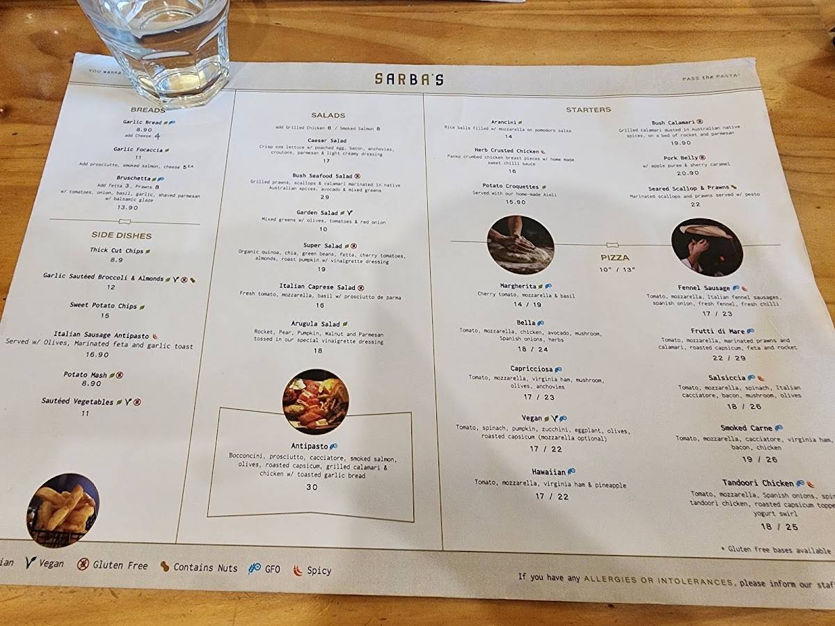 Menu at Sarba's restaurant, Lakelands