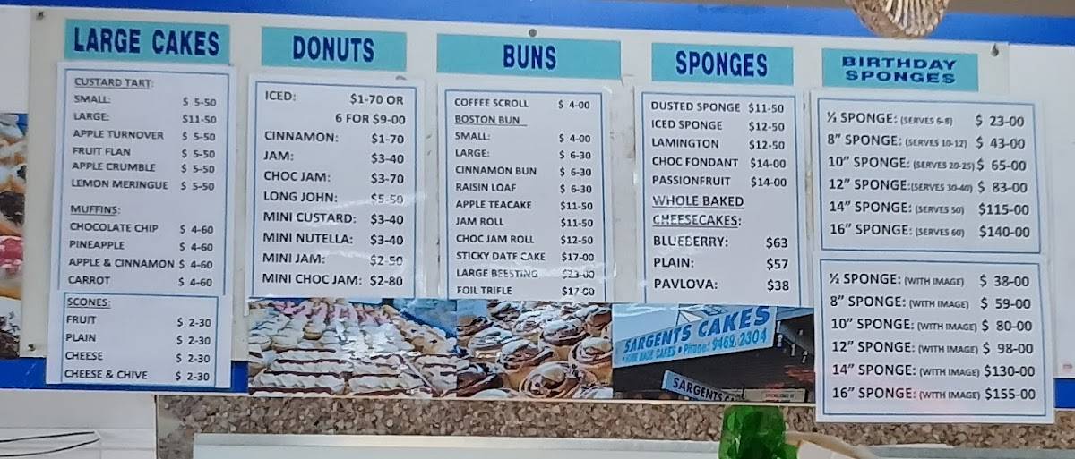 Menu at Sargent's Cakes restaurant, Reservoir