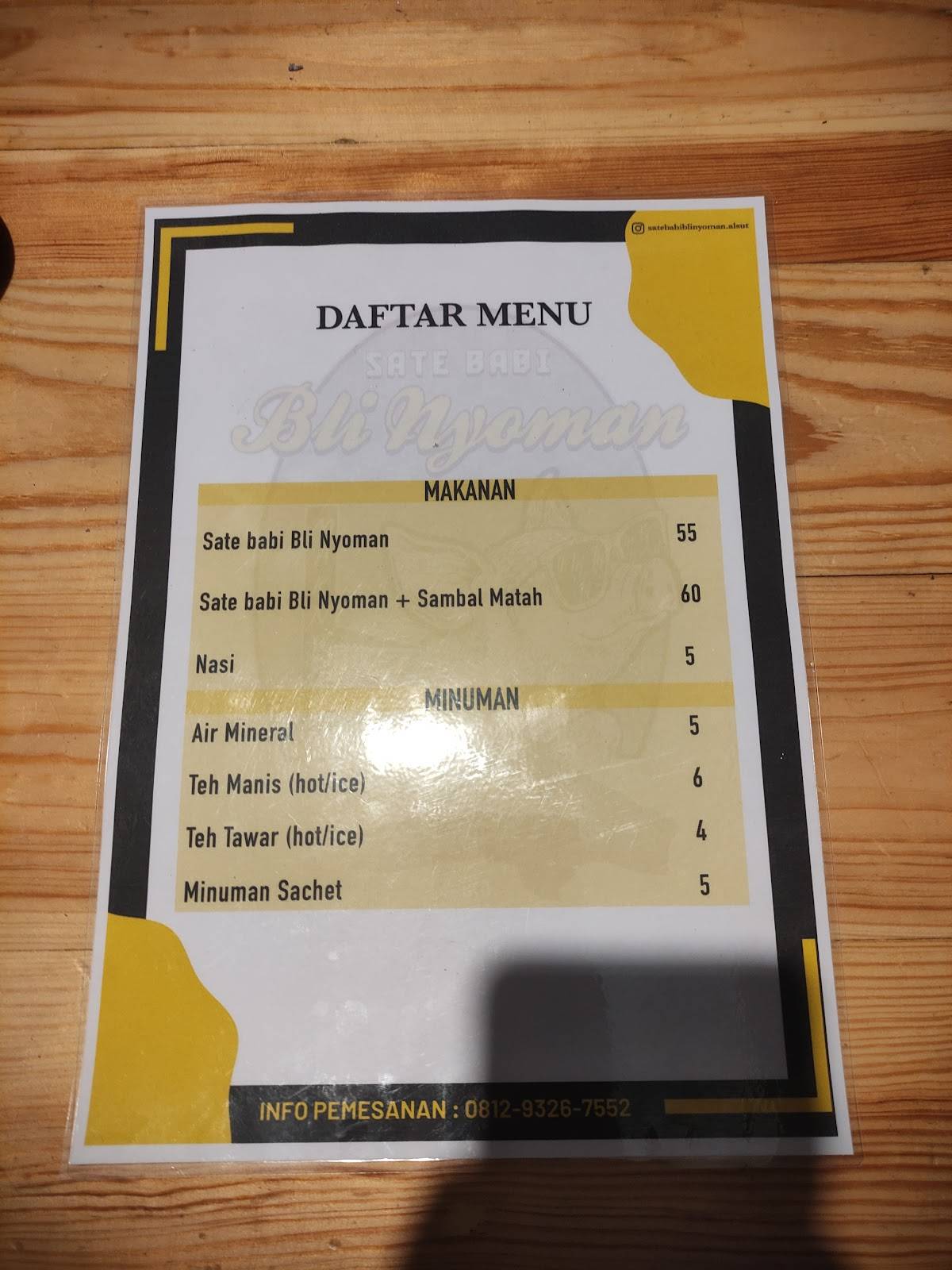 Menu at Sate Babi Bli Nyoman Alam Sutera restaurant, South Tangerang