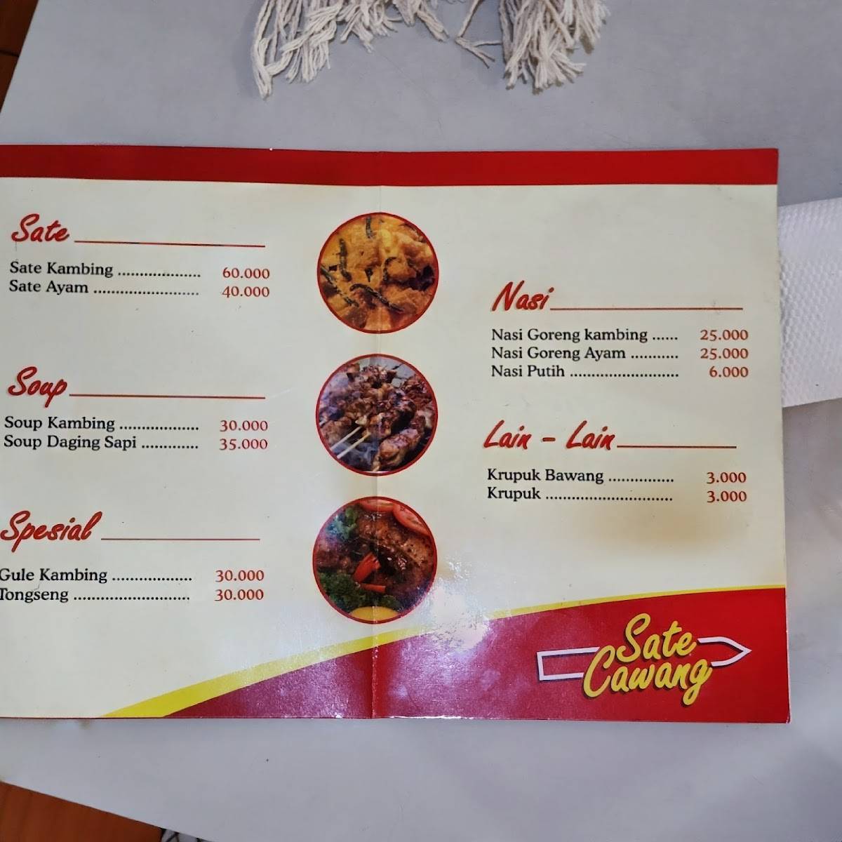 Menu at Sate Cawang restaurant, East Jakarta, Jl. Otto Iskandardinata ...